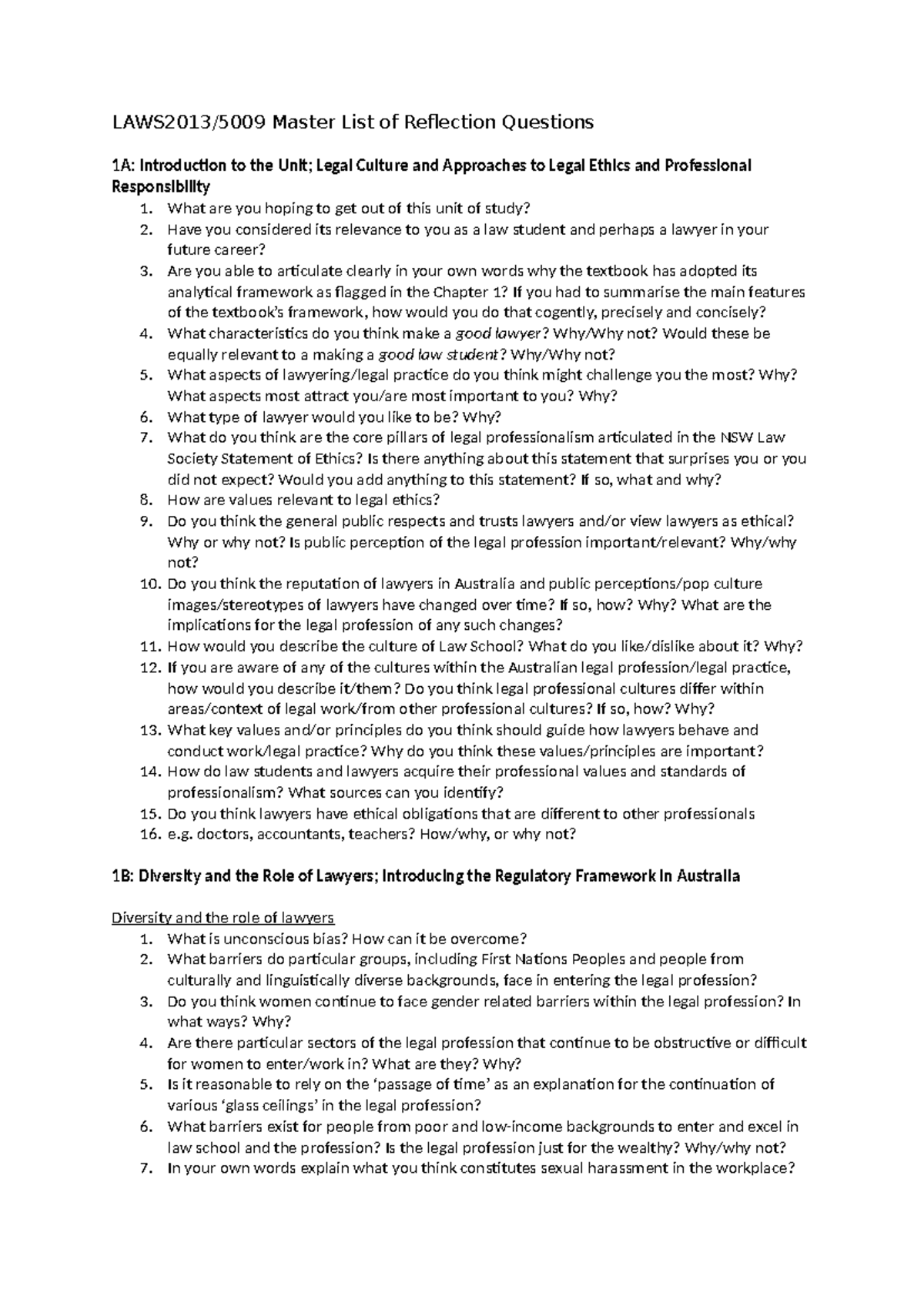 LAWS2013 Master List of Reflection Questions - What are you hoping to ...