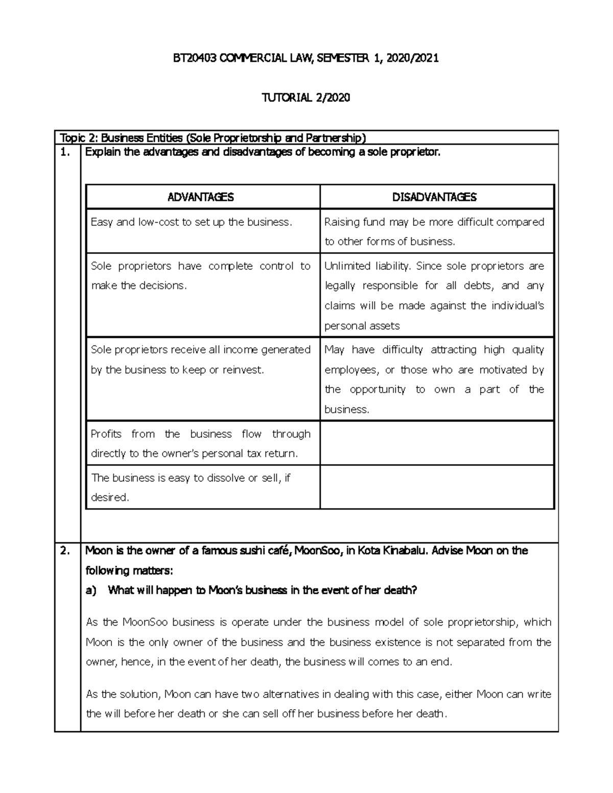 Tutorial 2 - BT20403 COMMERCIAL LAW, SEMESTER 1, 2020/ TUTORIAL 2 ...