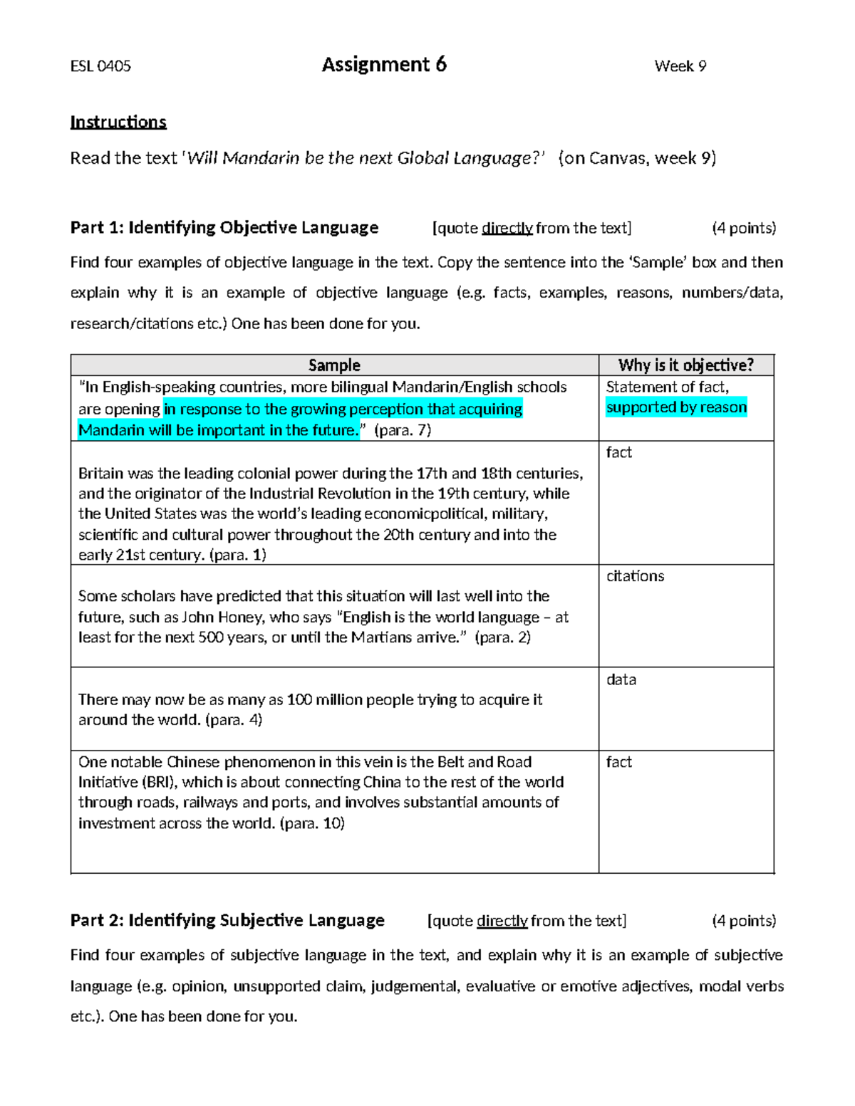 Assignment 6 Instructions (week 9) - ESL 0405 Assignment 6 Week 9 Instructions Read the text ...