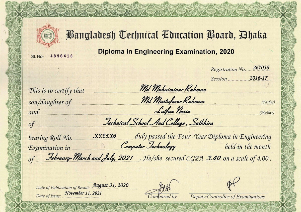 Diploma Certificate of Md Muhaiminur Rahman - Higher secoundary School - Studocu
