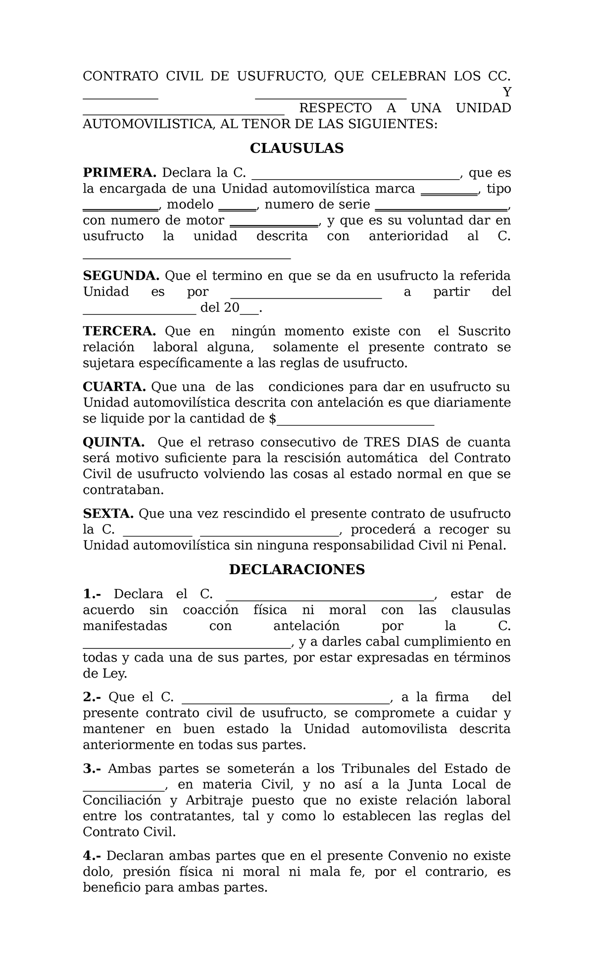 Ejemplo Contrato Civil - CONTRATO CIVIL DE USUFRUCTO, QUE CELEBRAN LOS CC. ____________ - Studocu