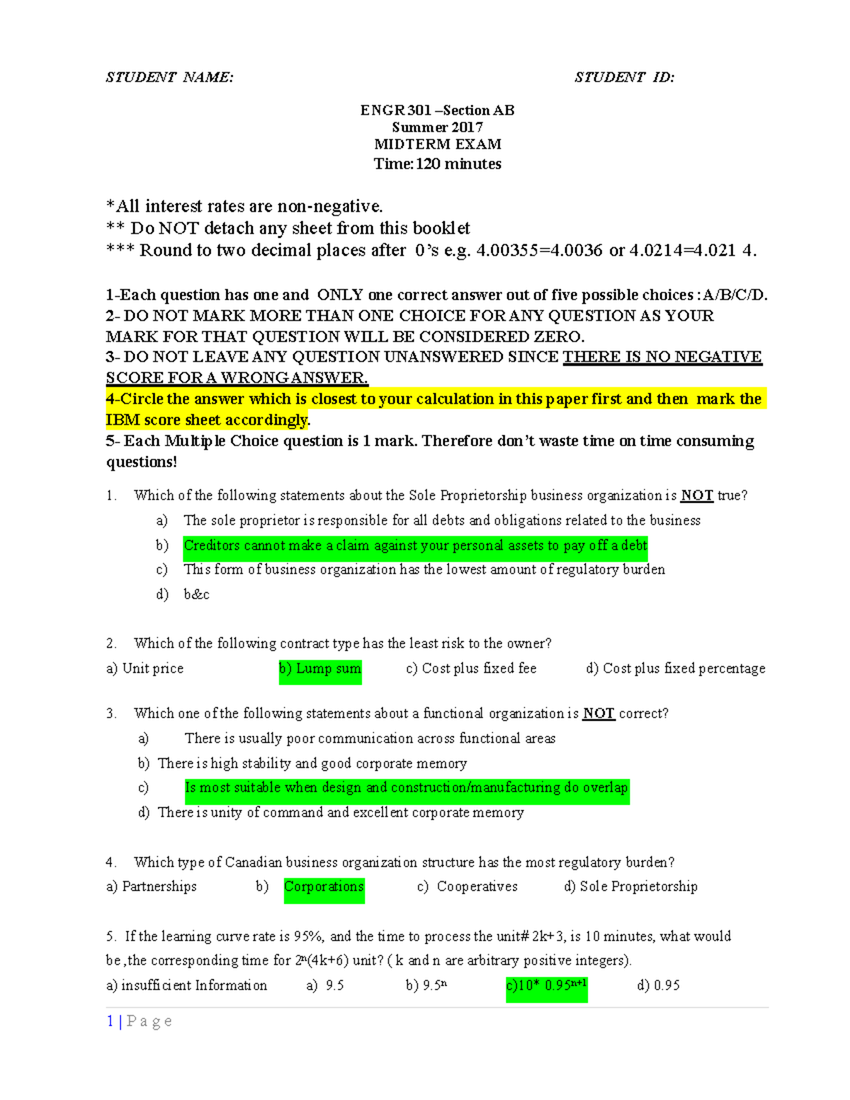 Midterm Exam Summer 2017 - Solution - STUDENT NAME: STUDENT ID: ENGR ...