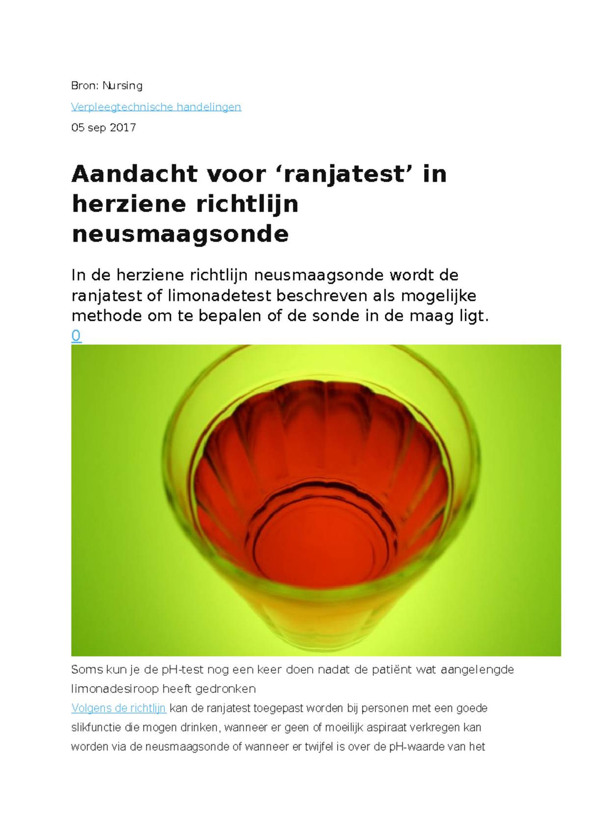 Aandacht voor ‘ranjatest’ in herziene richtlijn neusmaagsonde - Bron ...