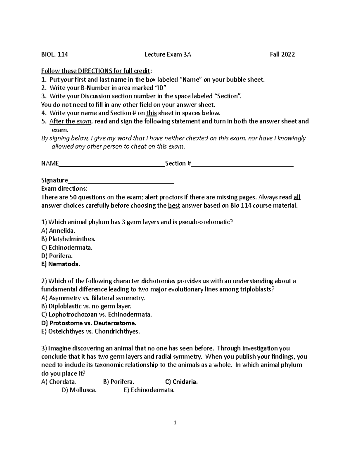 E3 Ind A key 2 - bio 114 e3 - BIOL. 114 Lecture Exam 3A Fall 2022 ...