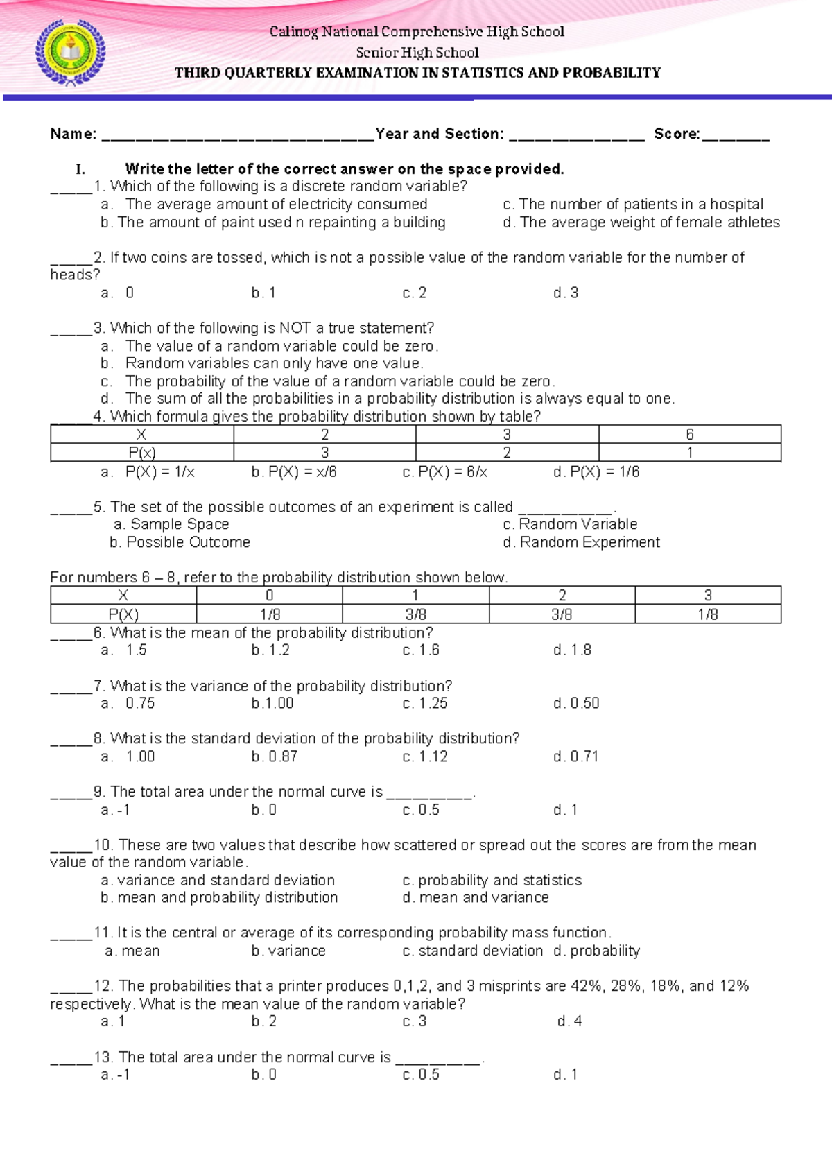 Midterm Exam in Statistics - Calinog National Comprehensive High School ...