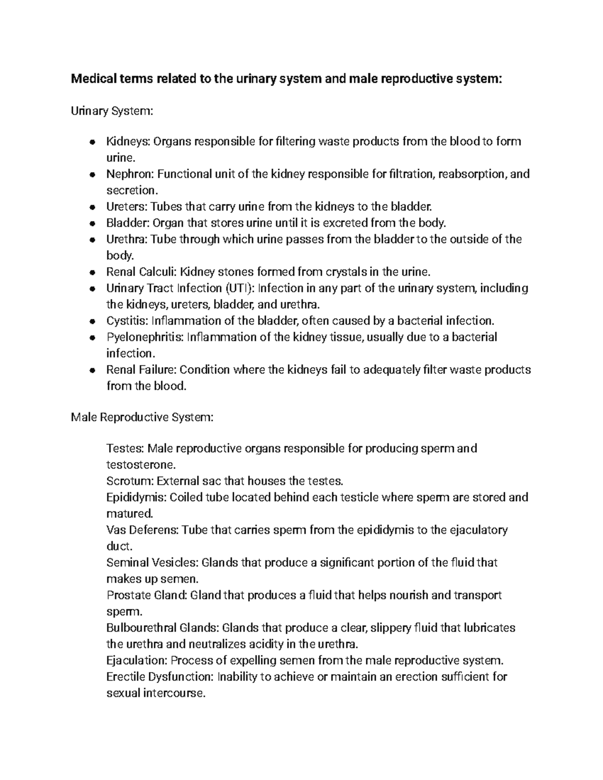 classs notes 3 19 - Medical terms related to the urinary system and ...
