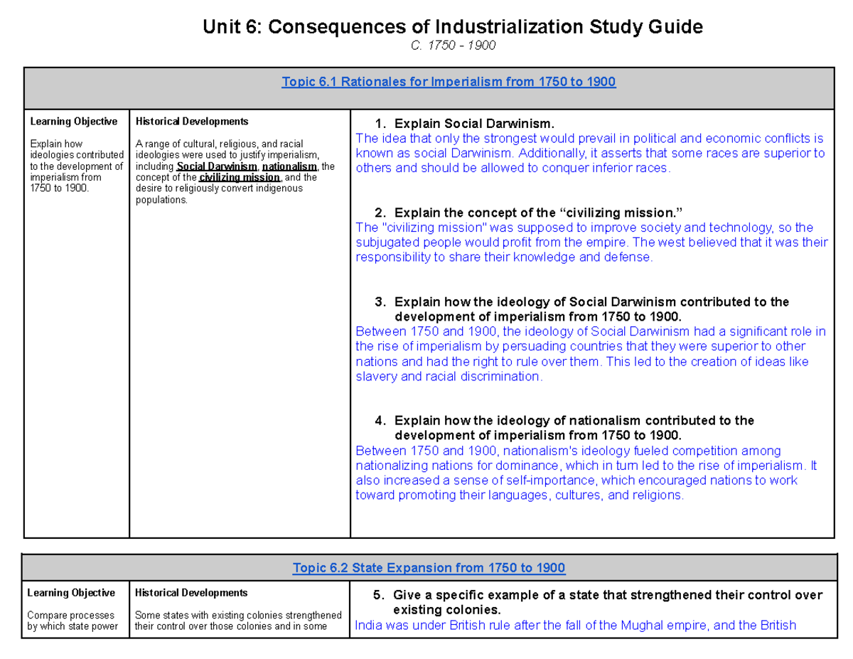 Unit 6 Study Guide - Unit 6: Consequences of Industrialization Study Guide C. 1750 - 1900 Topic ...