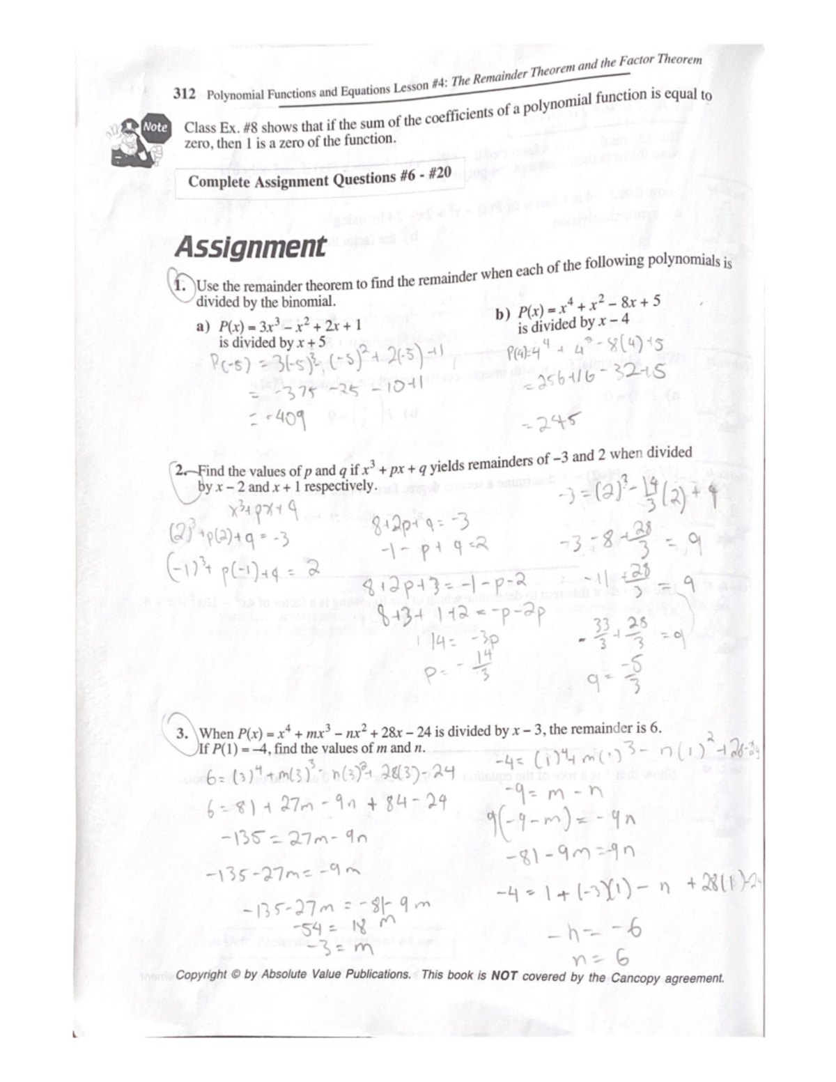 Polynomial Functions and Equations Lesson #4 The Remainder Theorem and ...