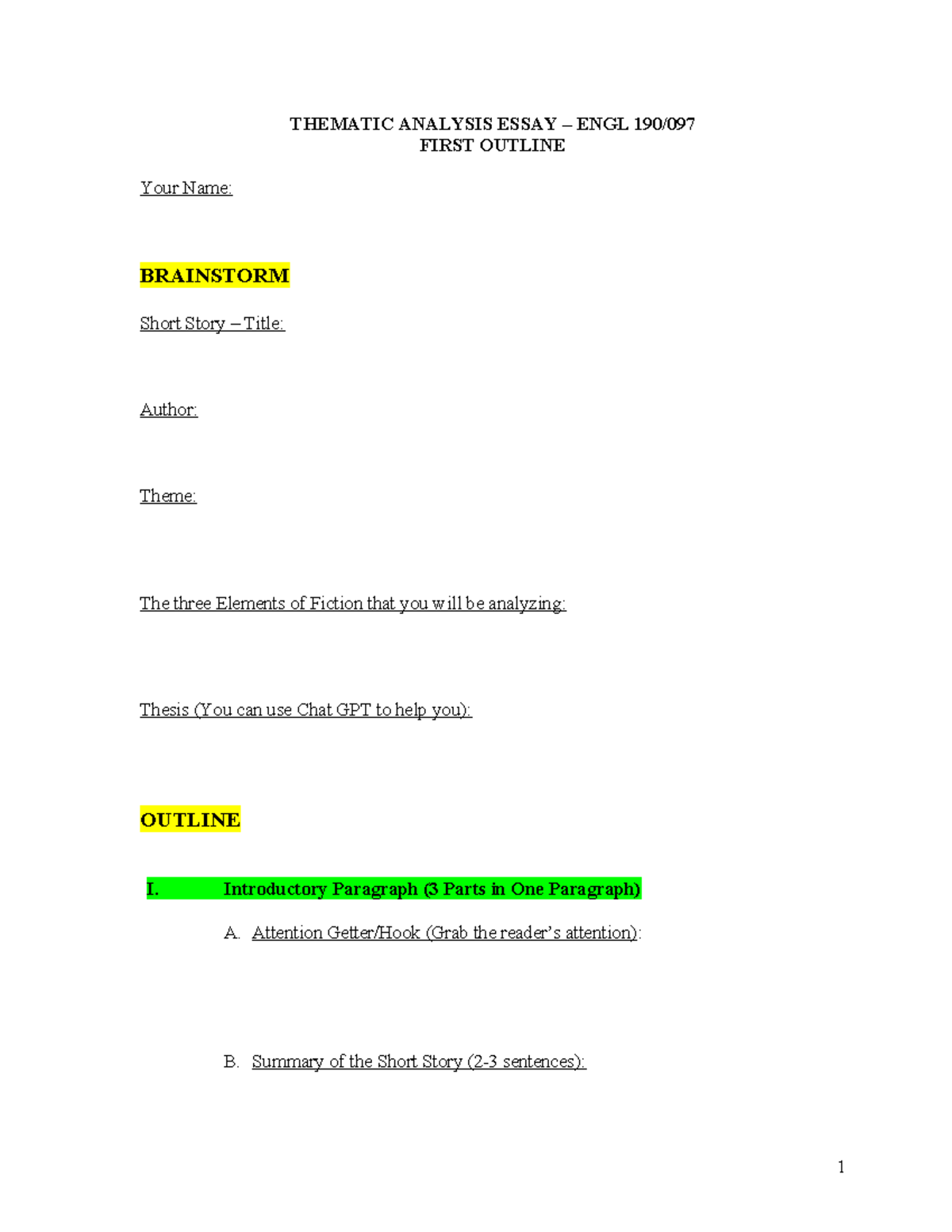 Thematic Analysis Essay First Outline ENGL 190-097-1 - THEMATIC ...