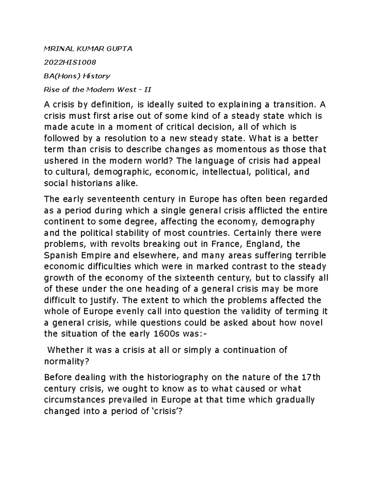 17th century crisis - MRINAL KUMAR GUPTA 2022HIS BA(Hons) History Rise ...