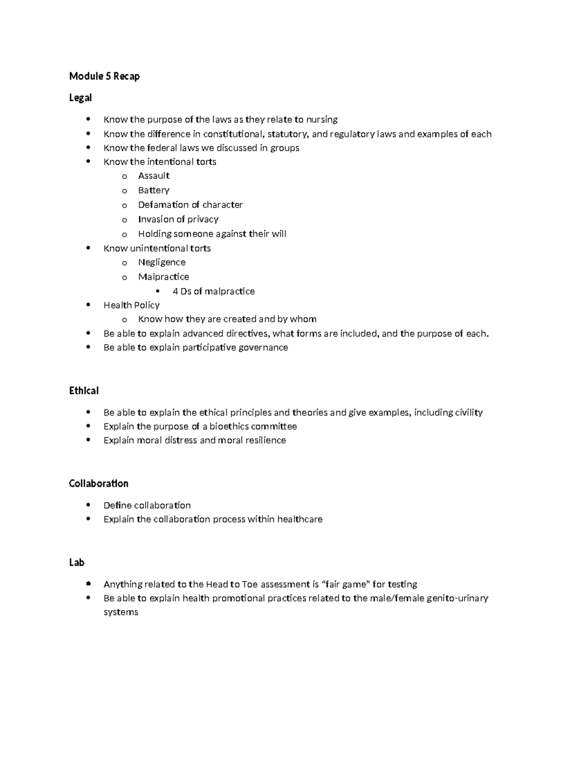 Module 5 Recap - notes - Module 5 Recap Legal Know the purpose of the ...