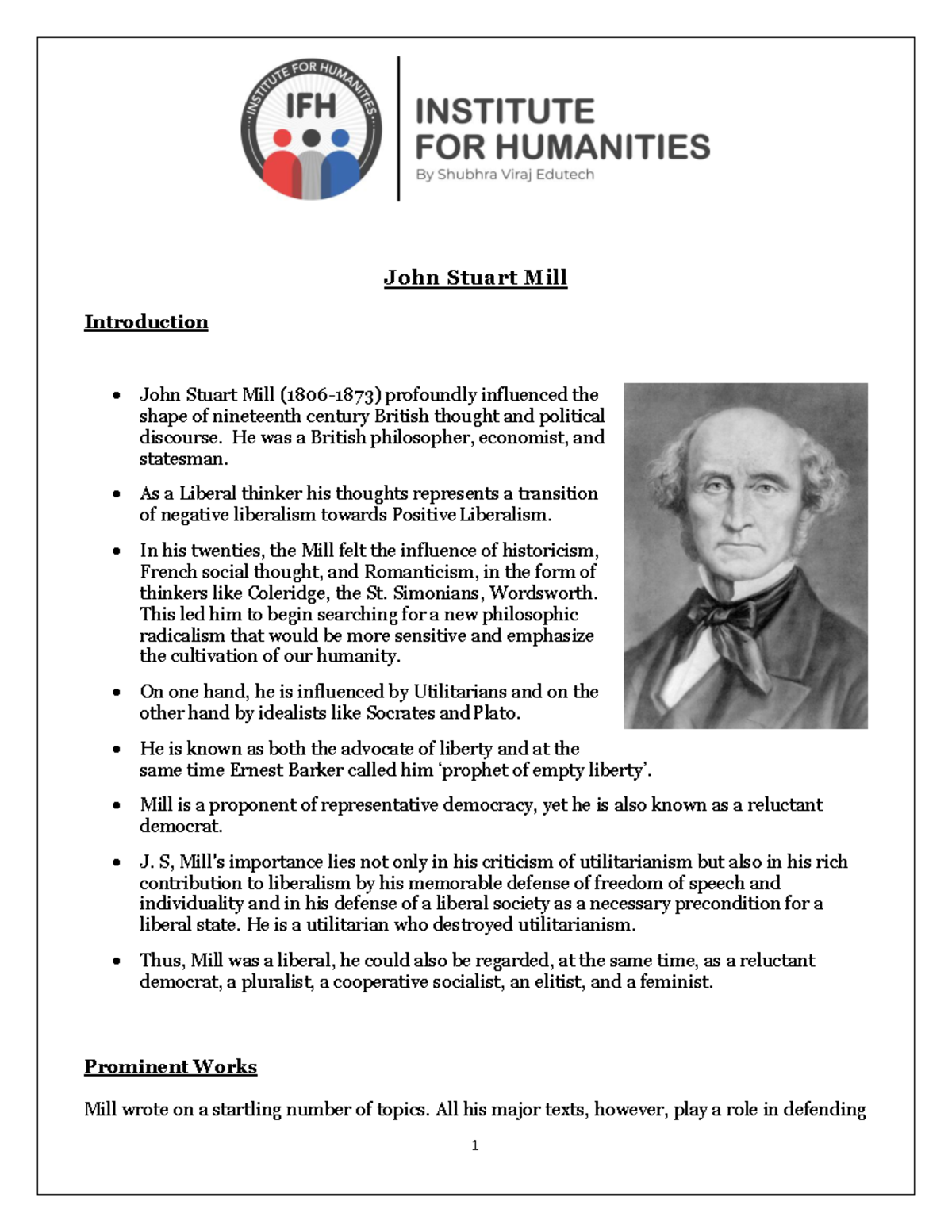 Lec 14 - J.S.Mill p 1 - Js mill - John Stuart Mill Introduction - John ...