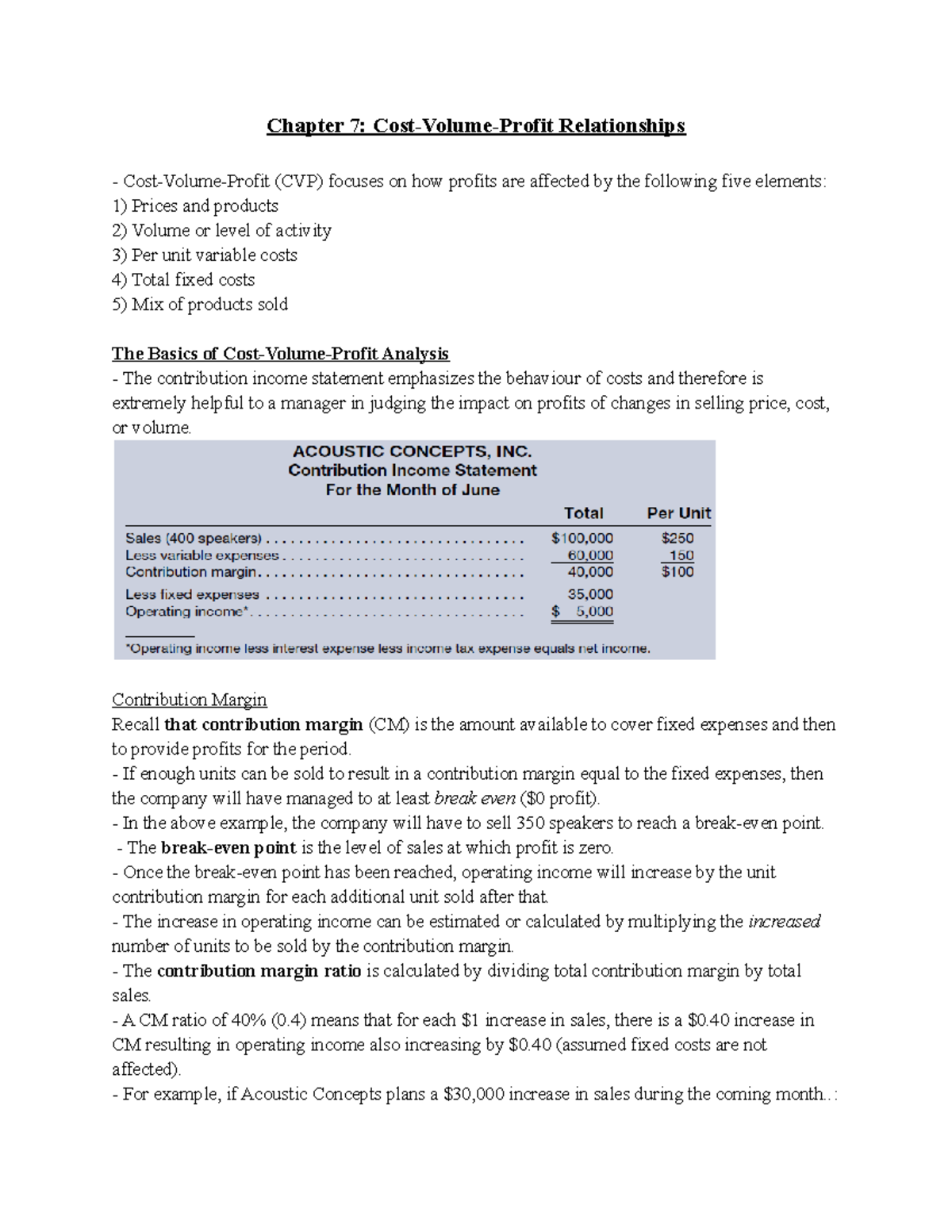 Adms 2510 chapter 7 - Summary Managerial Accounting - Chapter 7: (CVP ... Adms 2510 chapter 7 - Summary Managerial Accounting - Chapter 7: (CVP ...