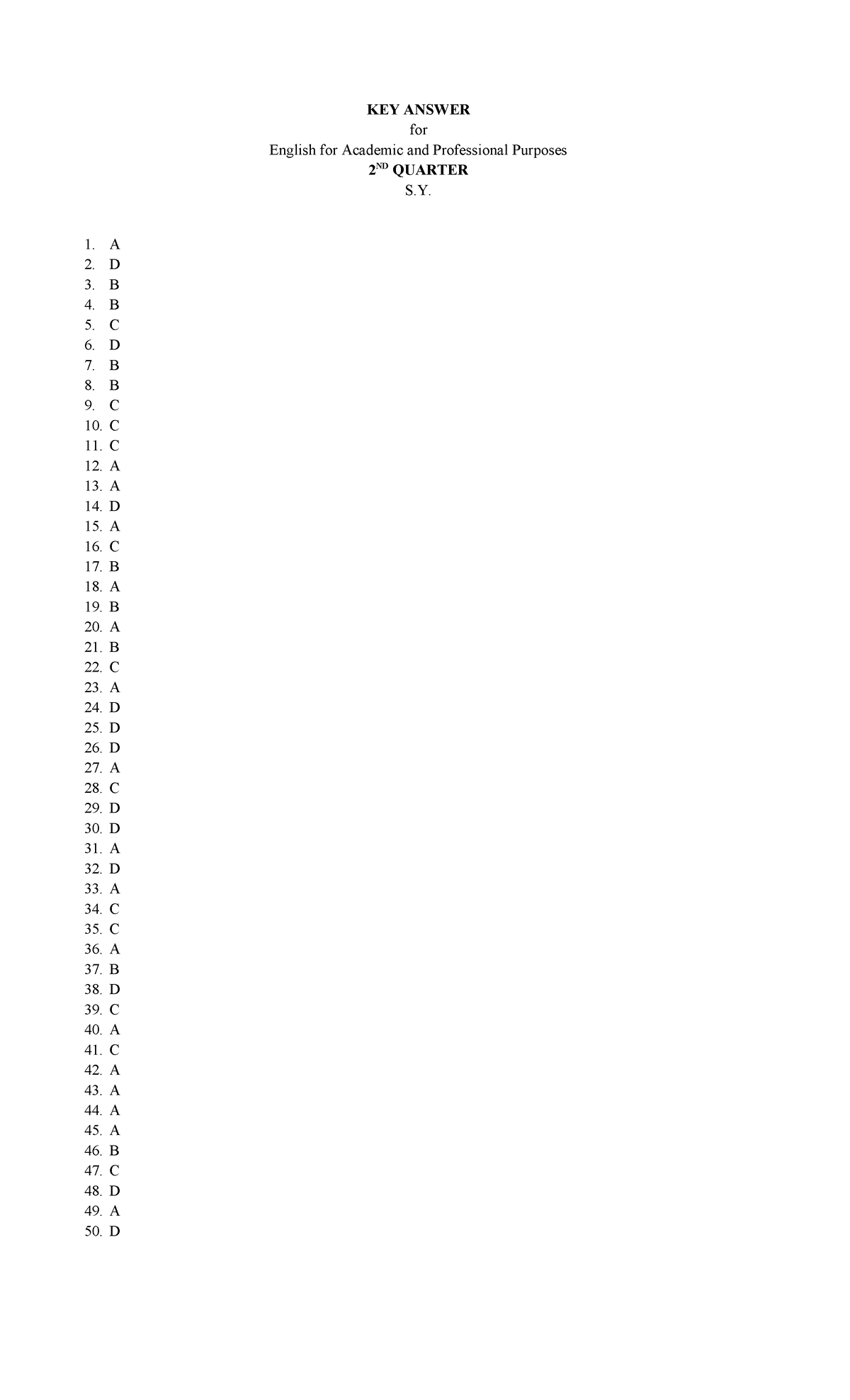 EAPP 2nd Quarter Exam - eapp - KEY ANSWER for English for Academic and Professional Purposes 2 ...