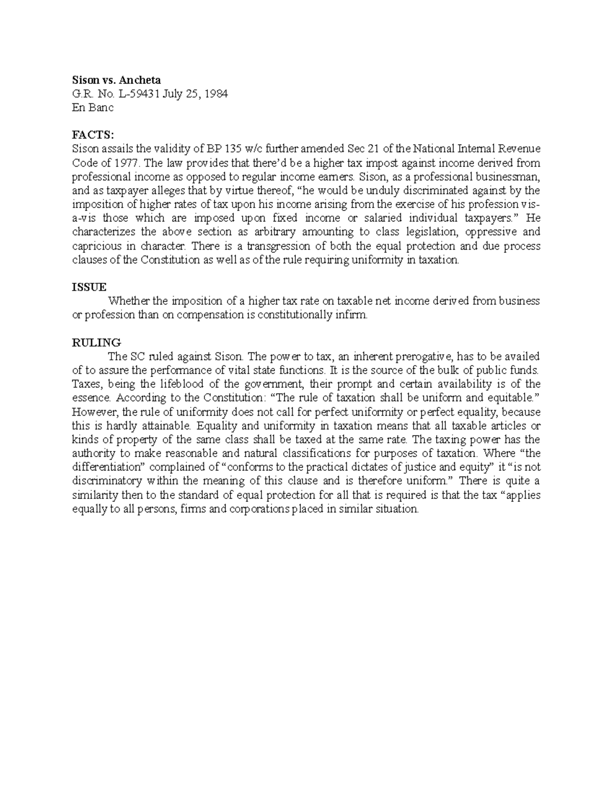 Sison vs. Ancheta, [G.R. No. L-59431, July 25, 1984] - Sison vs. Ancheta G. No. L-59431 July 25 ...