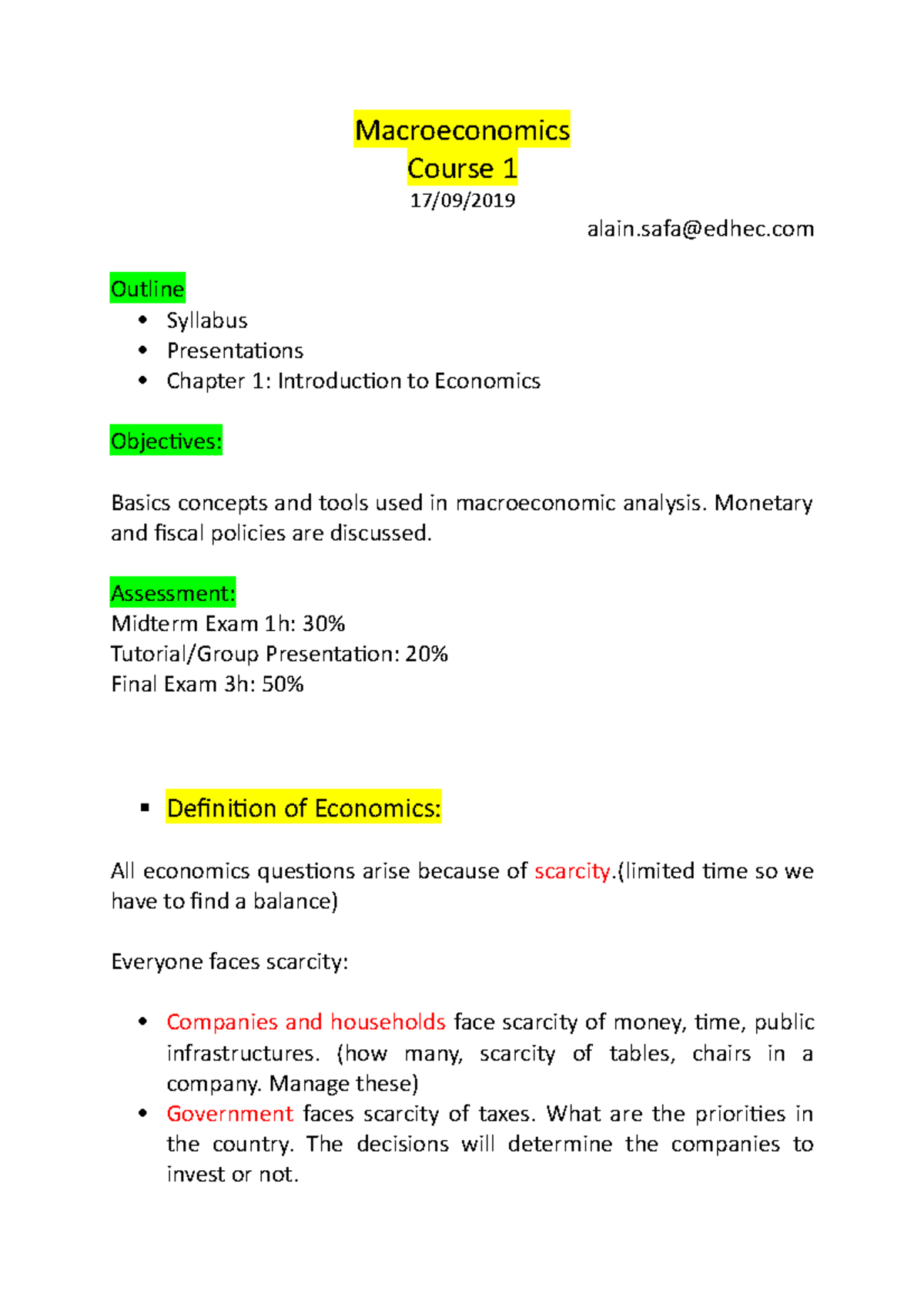 Macroeconomics Course 1 - Macroeconomics Course 1 17/09/ alain@edhec ...