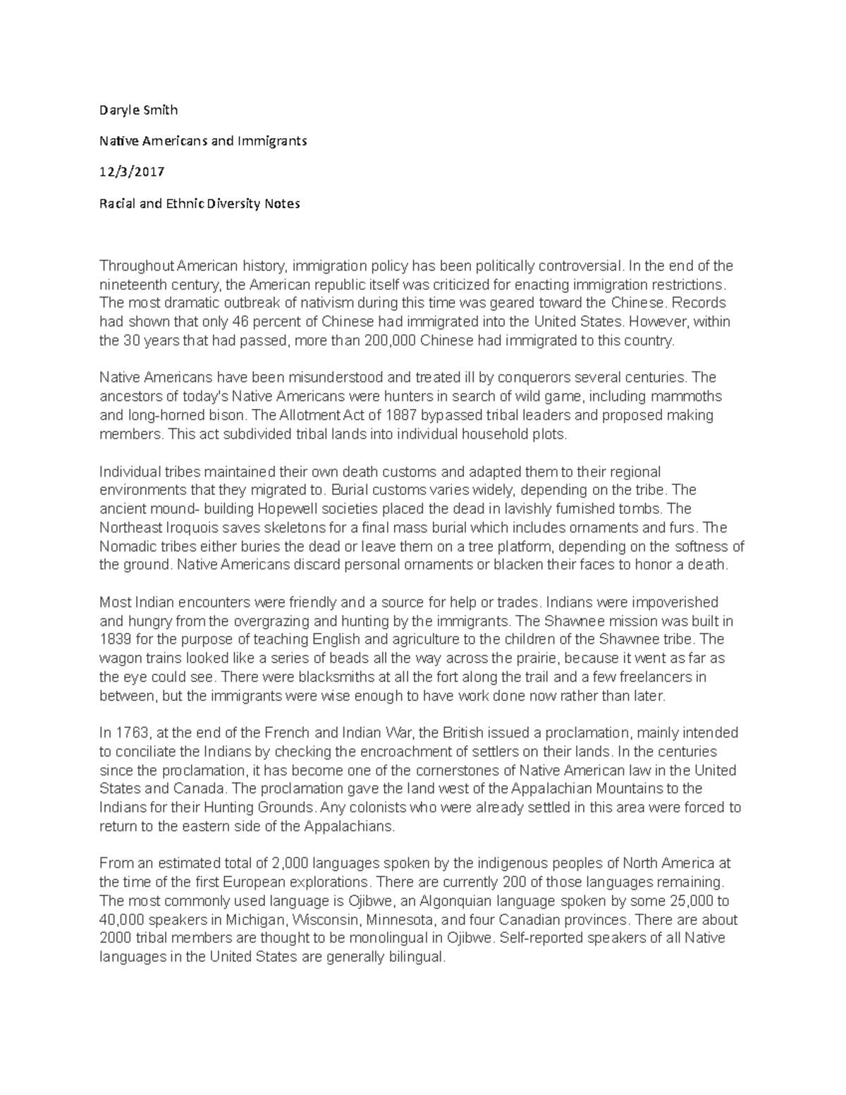 Native American and Immigrant Notes - Daryle Smith Native Americans and ...