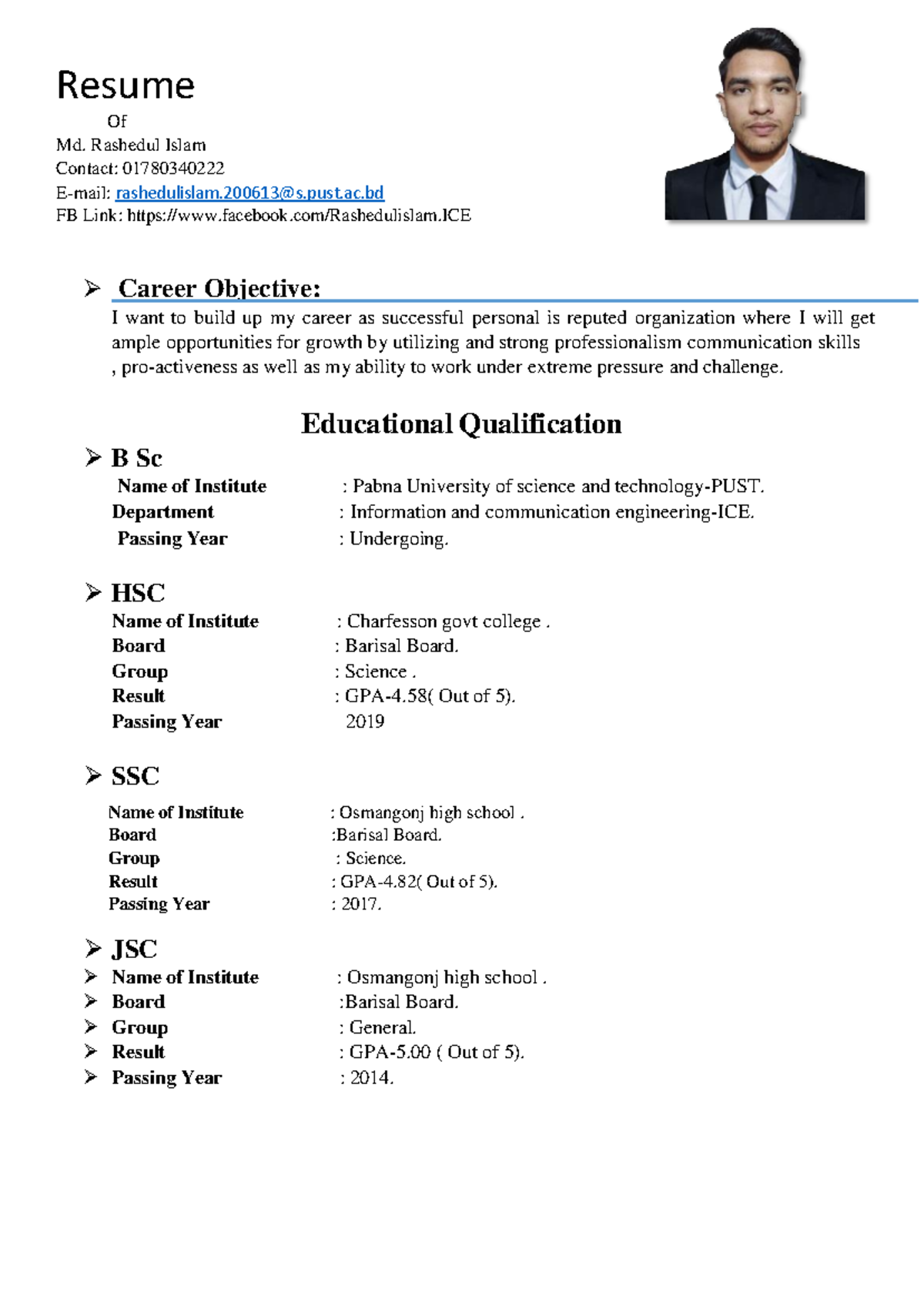 CV for ICT olympiad BD - Resume Of Md. Rashedul Islam Contact: 01780340222 E-mail: - Studocu