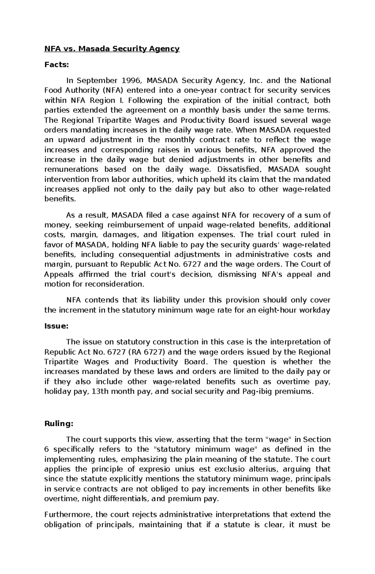 Statcon-Cases-Digested - NFA vs. Masada Security Agency Facts: In ...