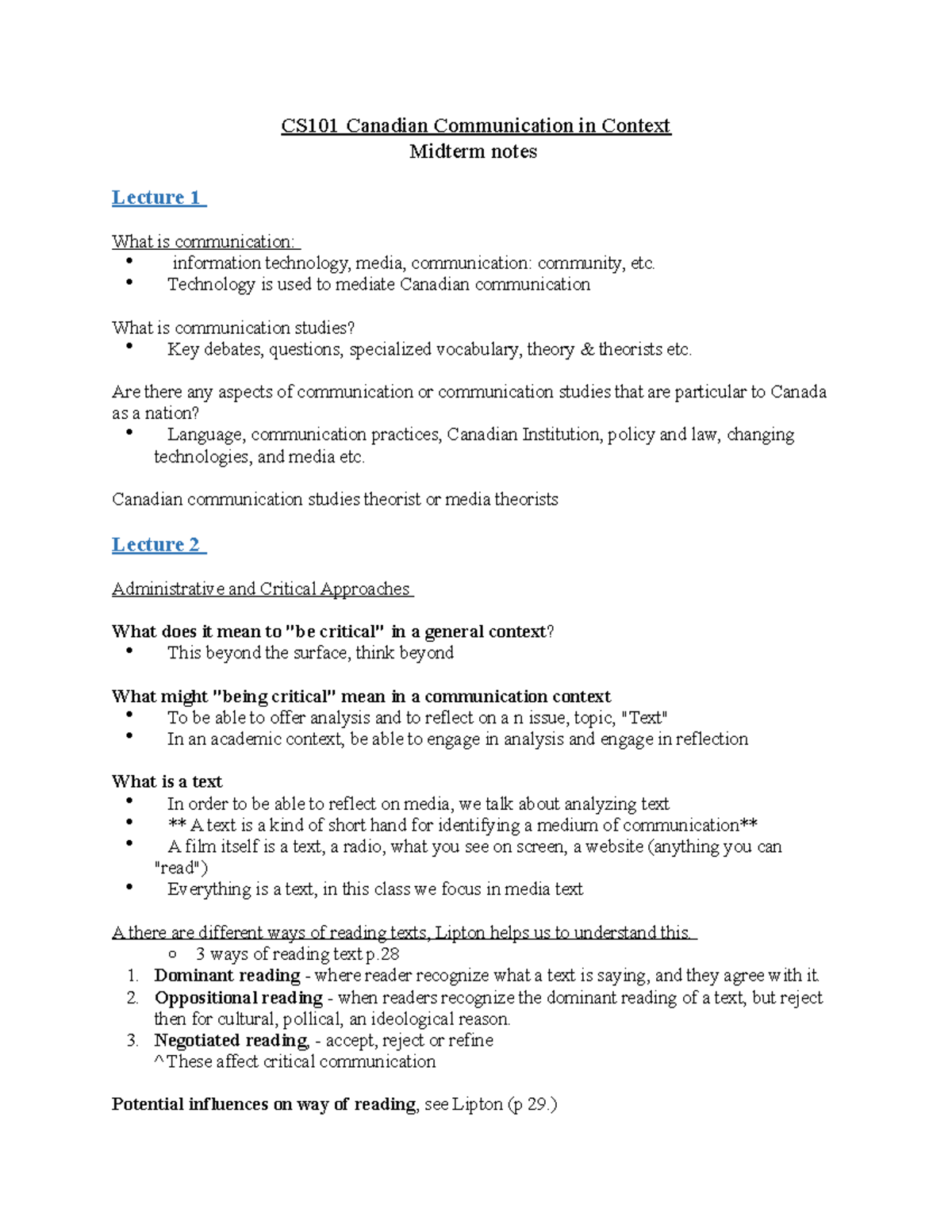 CS101 Midterm notes - CS101 Canadian Communication in Context Midterm ...