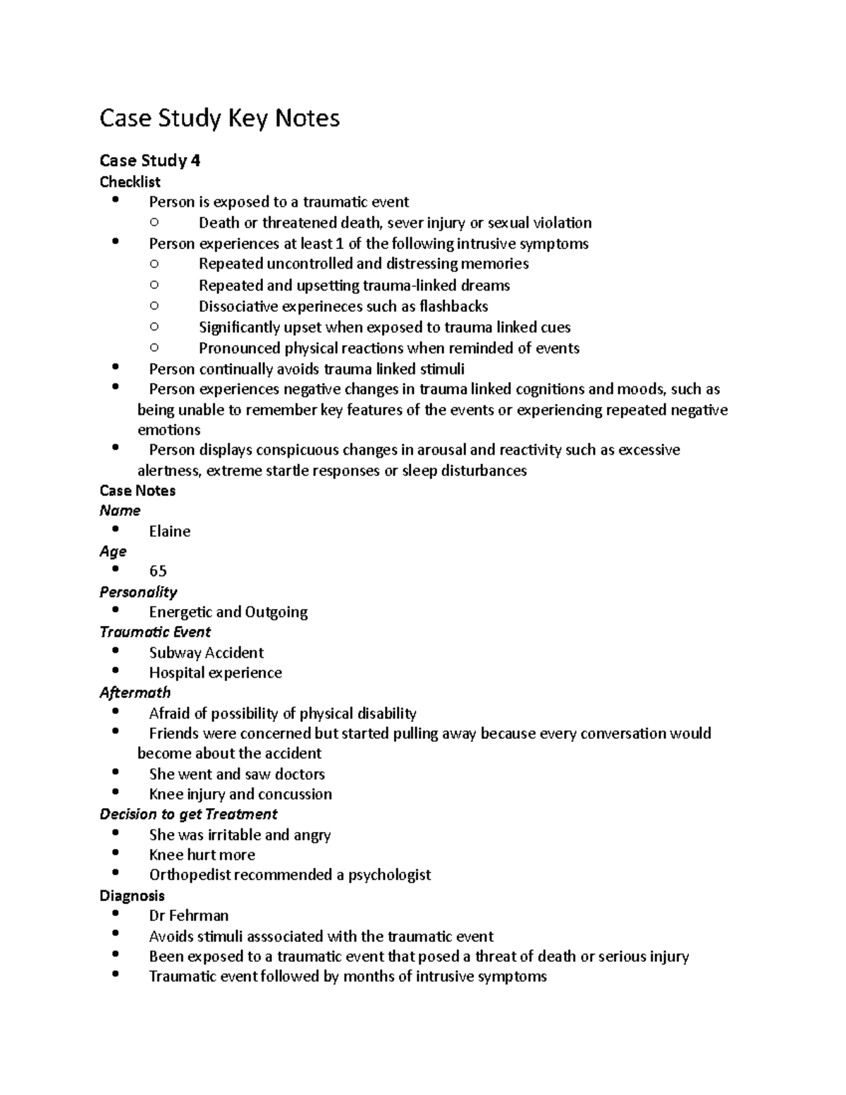 Case Study Key Notes - Case Study Key Notes Case Study 4 Checklist ...