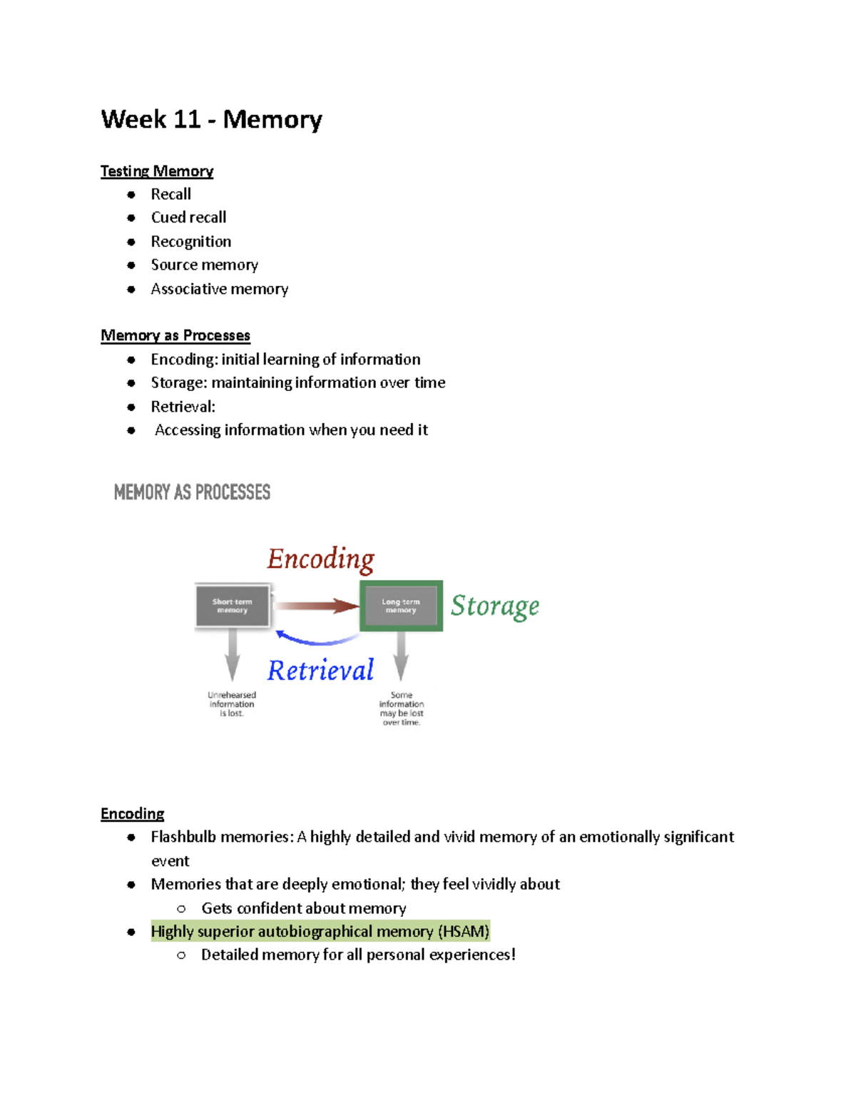 Copy of PSYC 100 Week 11 Notes - Week 11 - Memory Testing Memory Recall ...