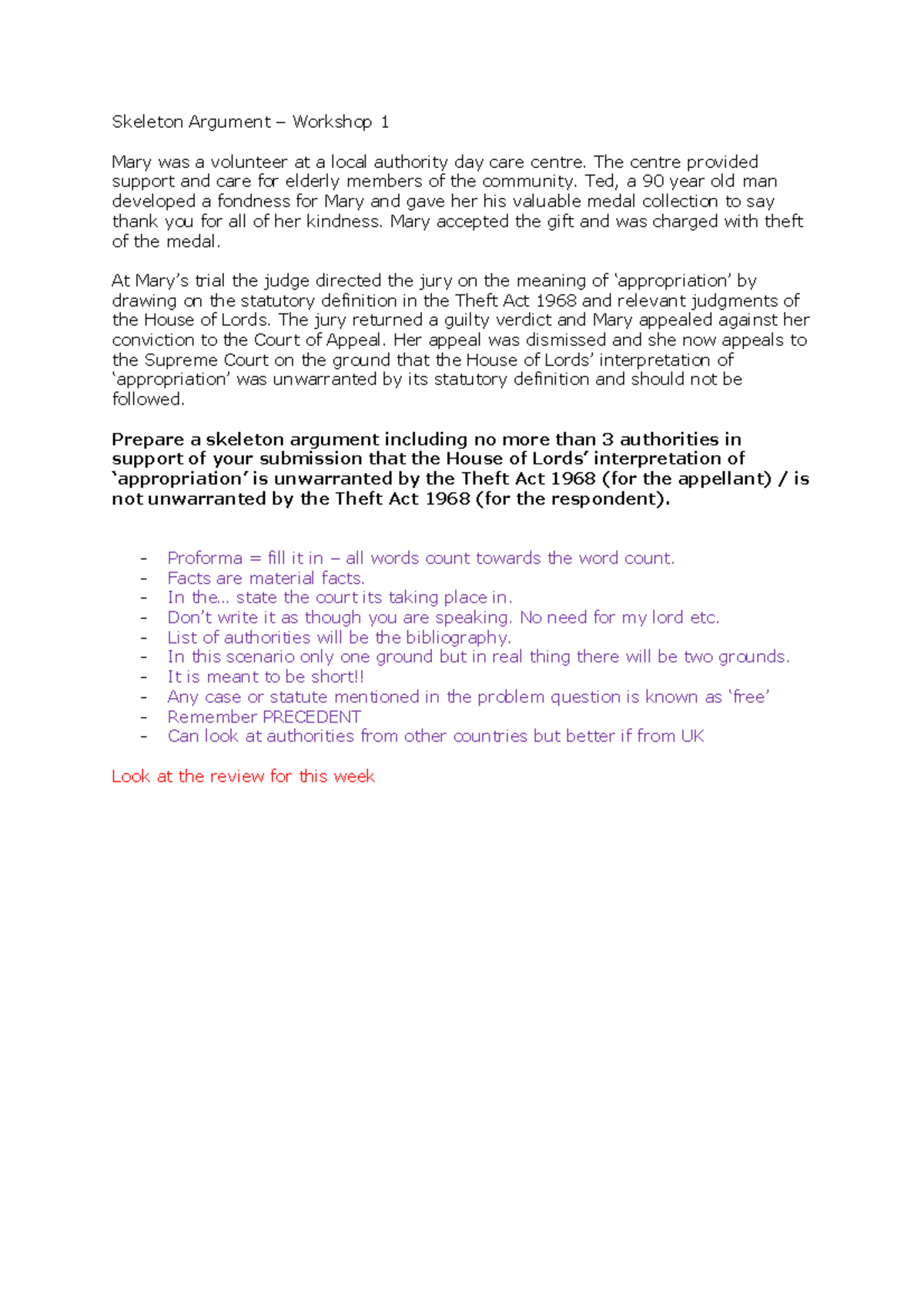 Seminar 10 Criminal Law Skeleton Argument Workshop 1 Mary Was A