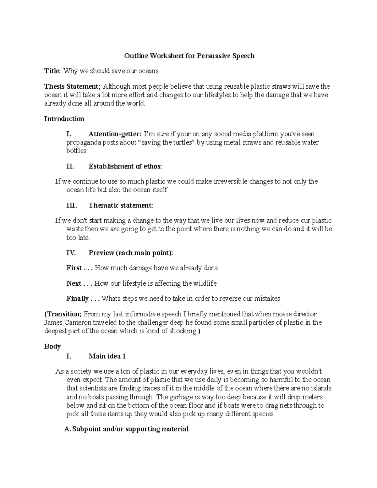 Persuasive speech - Outline Worksheet for Persuasive Speech Title: Why ...