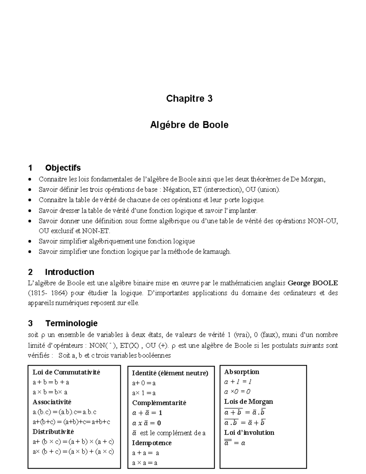 Chapitre 1- Algebre DE Boole - Chapitre 3 Algébre de Boole 1 Objectifs ...
