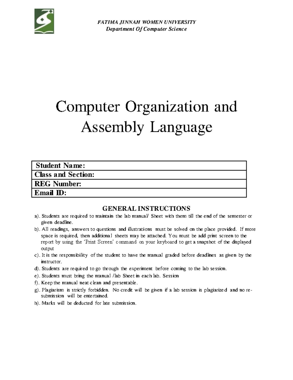 05 LAB COAL ok-FF - Department Of Computer Science Computer Organization and Assembly Language ...
