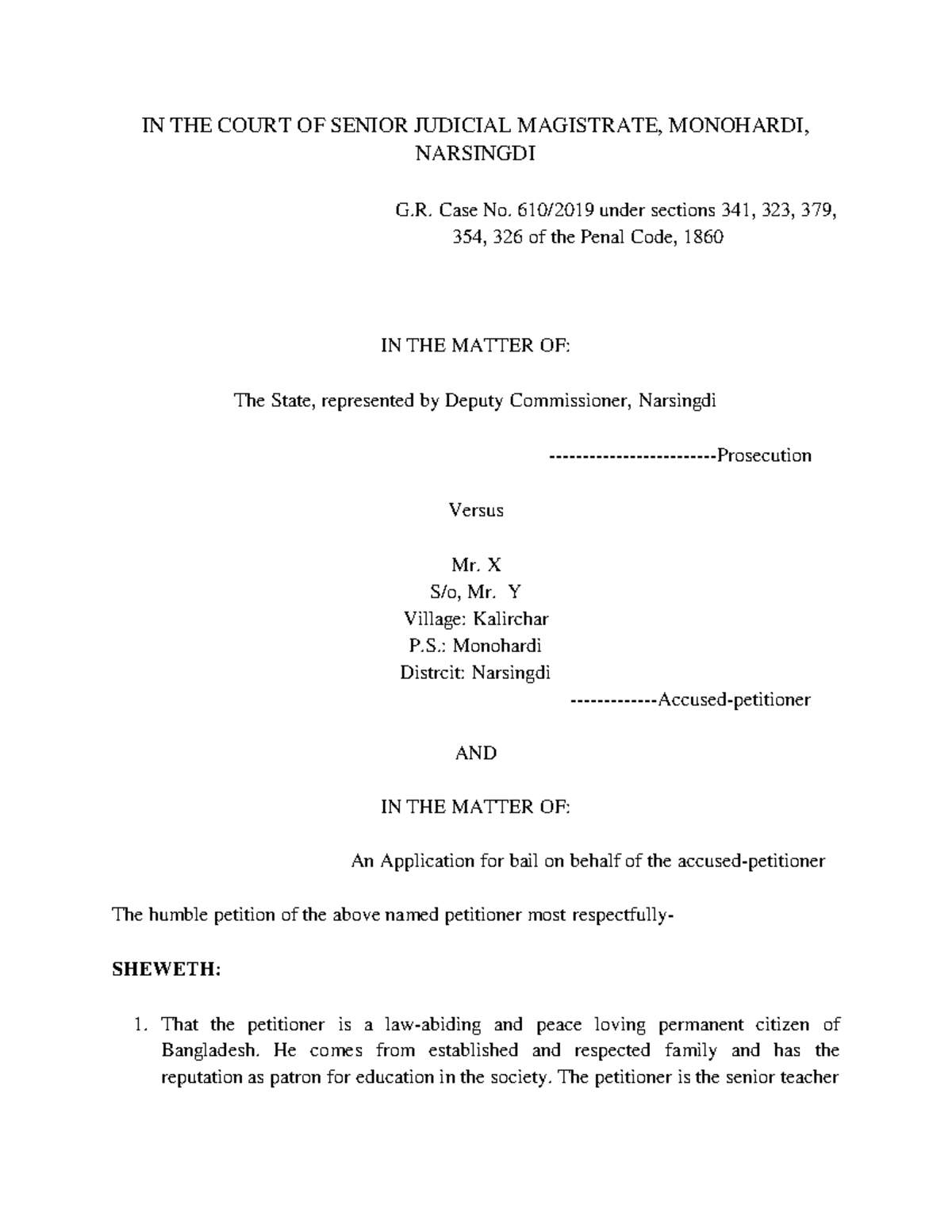 Sample bail petition in Trial court - IN THE COURT OF SENIOR JUDICIAL ...