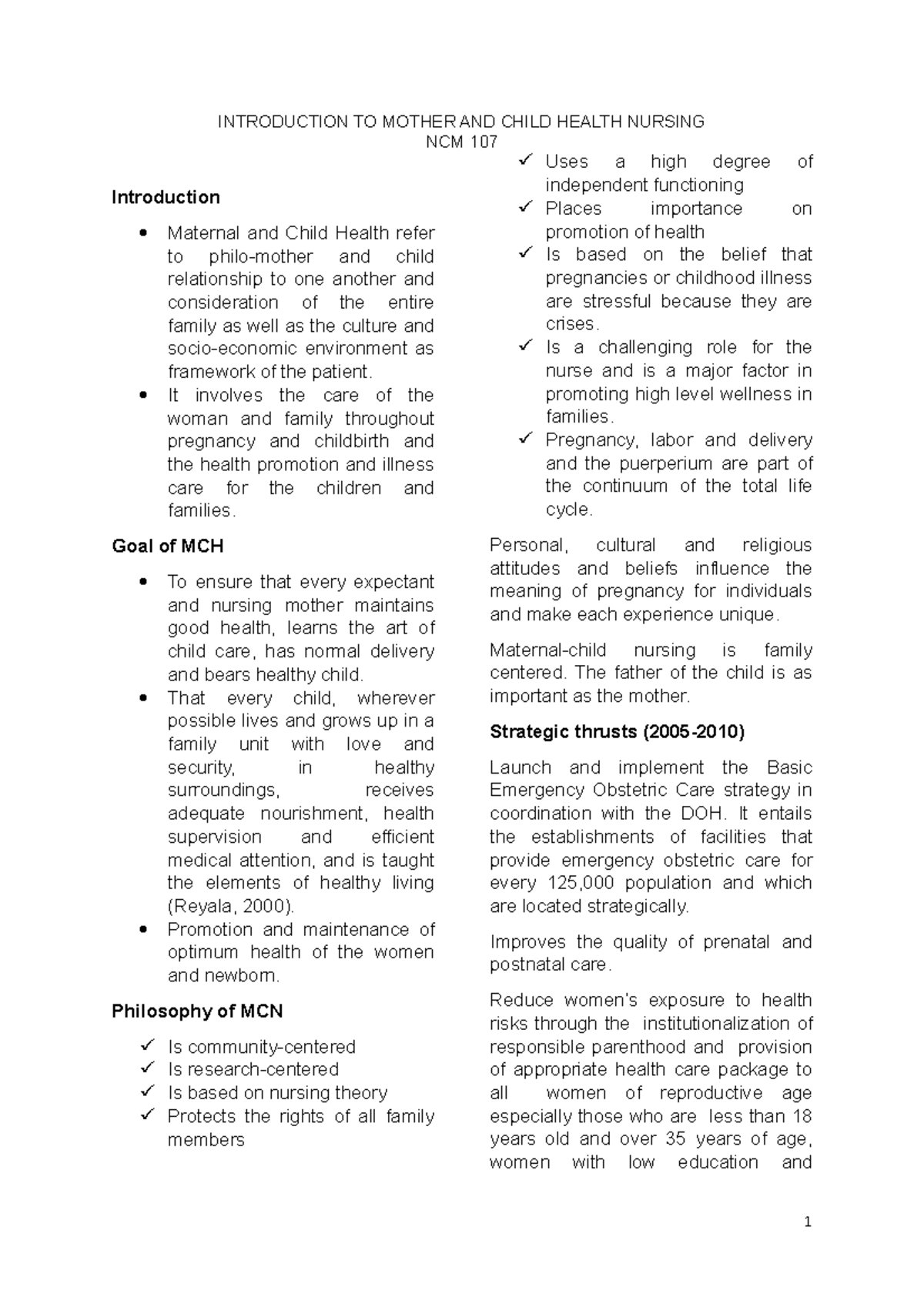 Mchn-1 - Lecture - INTRODUCTION TO MOTHER AND CHILD HEALTH NURSING NCM ...