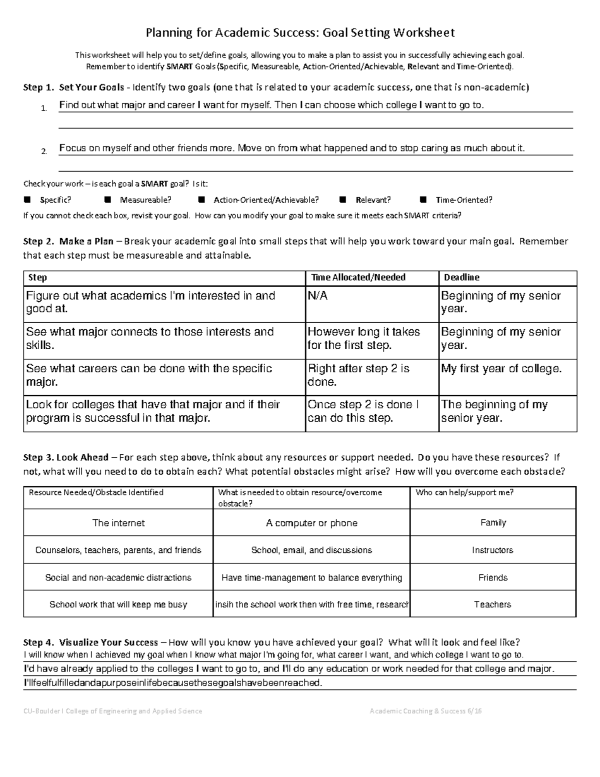 Goal setting worksheet - CU-Boulder I College of Engineering and ...