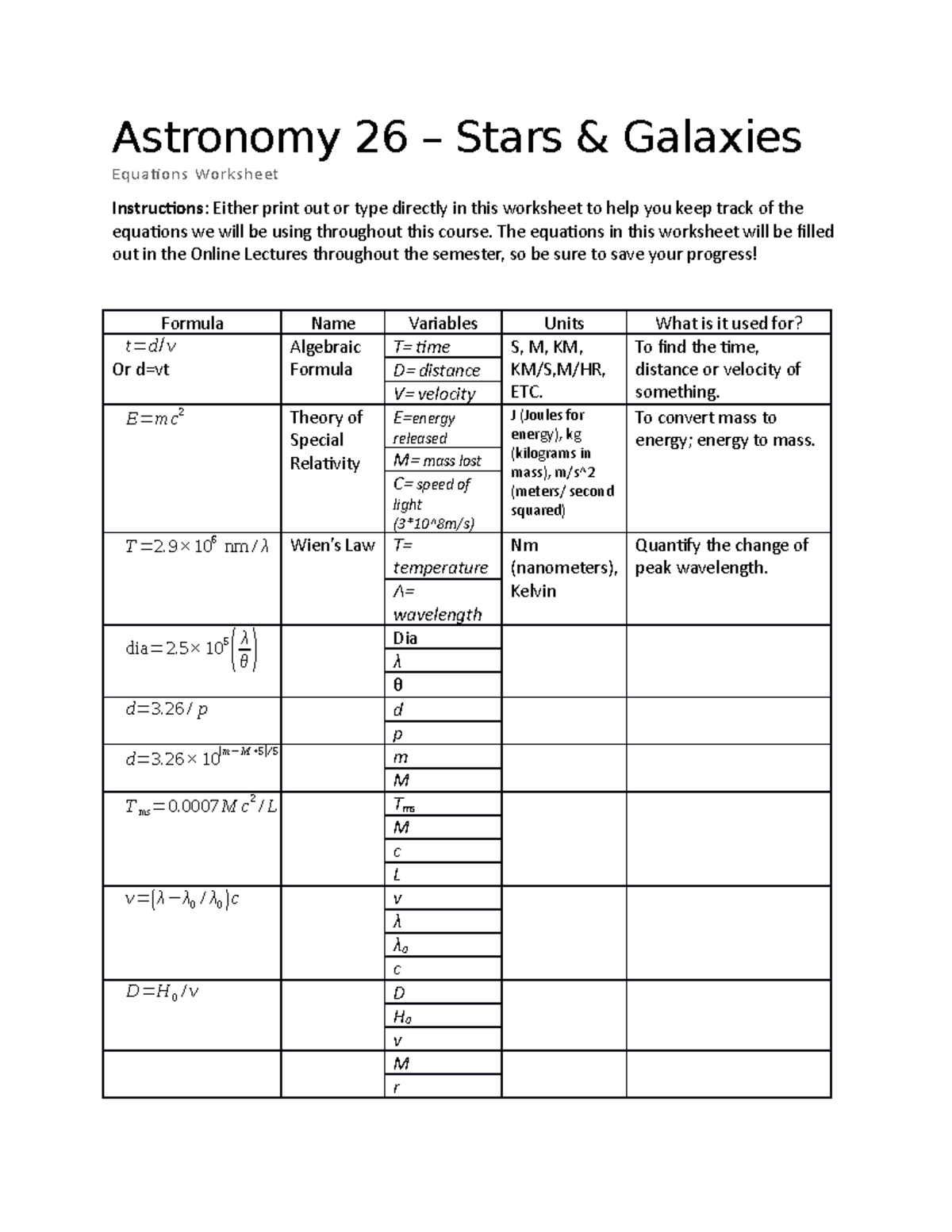 Equations Worksheet - Astronomy 26 – Stars & Galaxies Equations ...