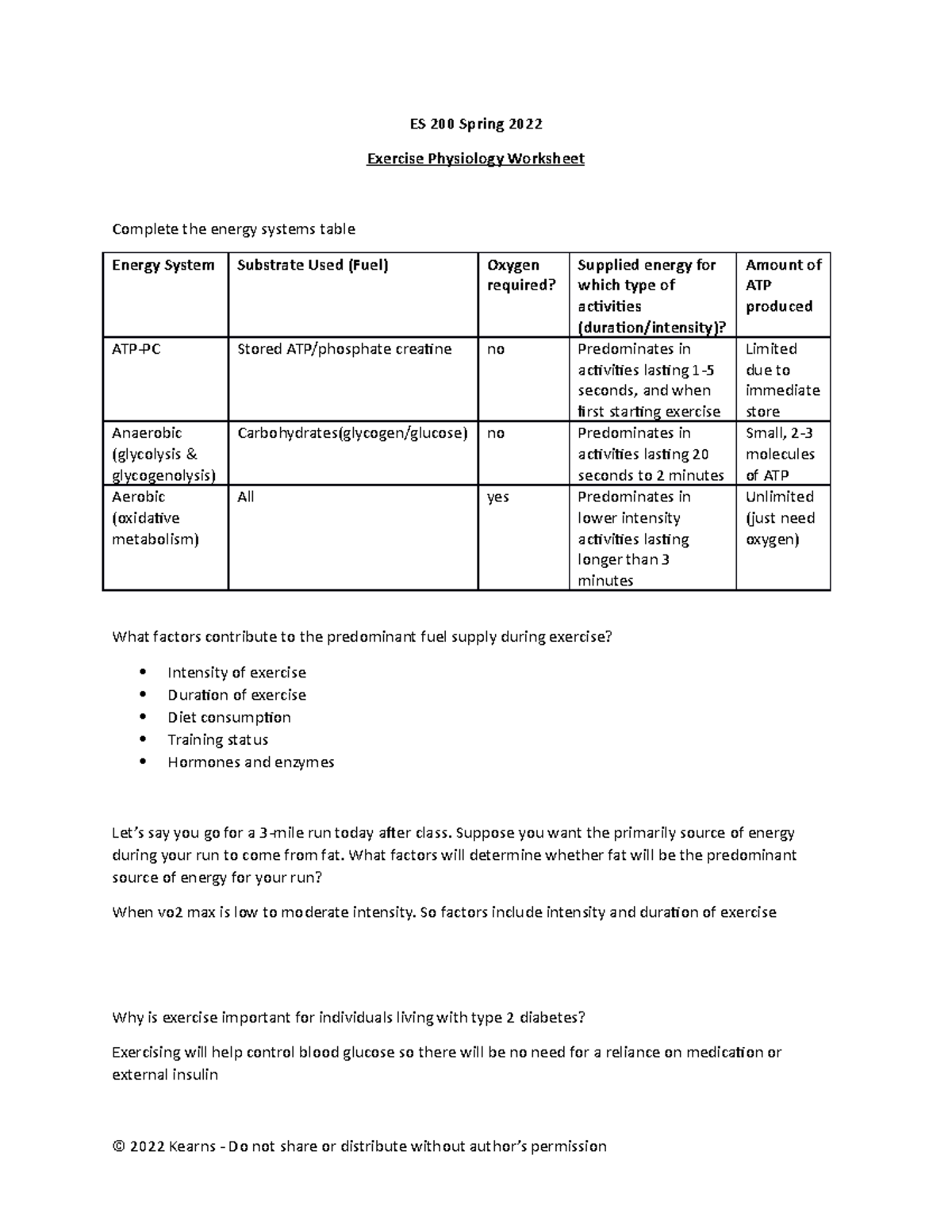 Exercise Physiology Class Activity - ES 200 Spring 2022 Exercise ...