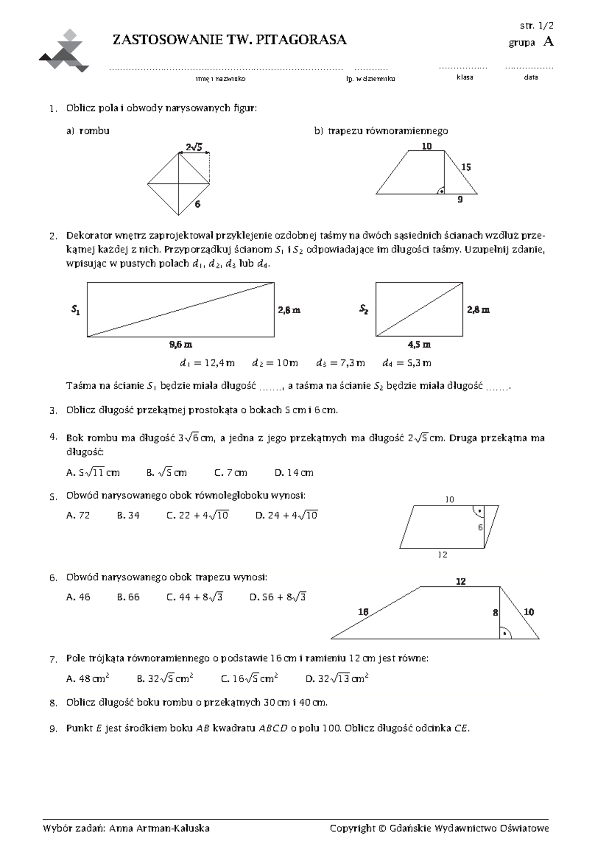 Zastosowanie TW Pitag - ZASTOSOWANIE TW. PITAGORASA - Studocu