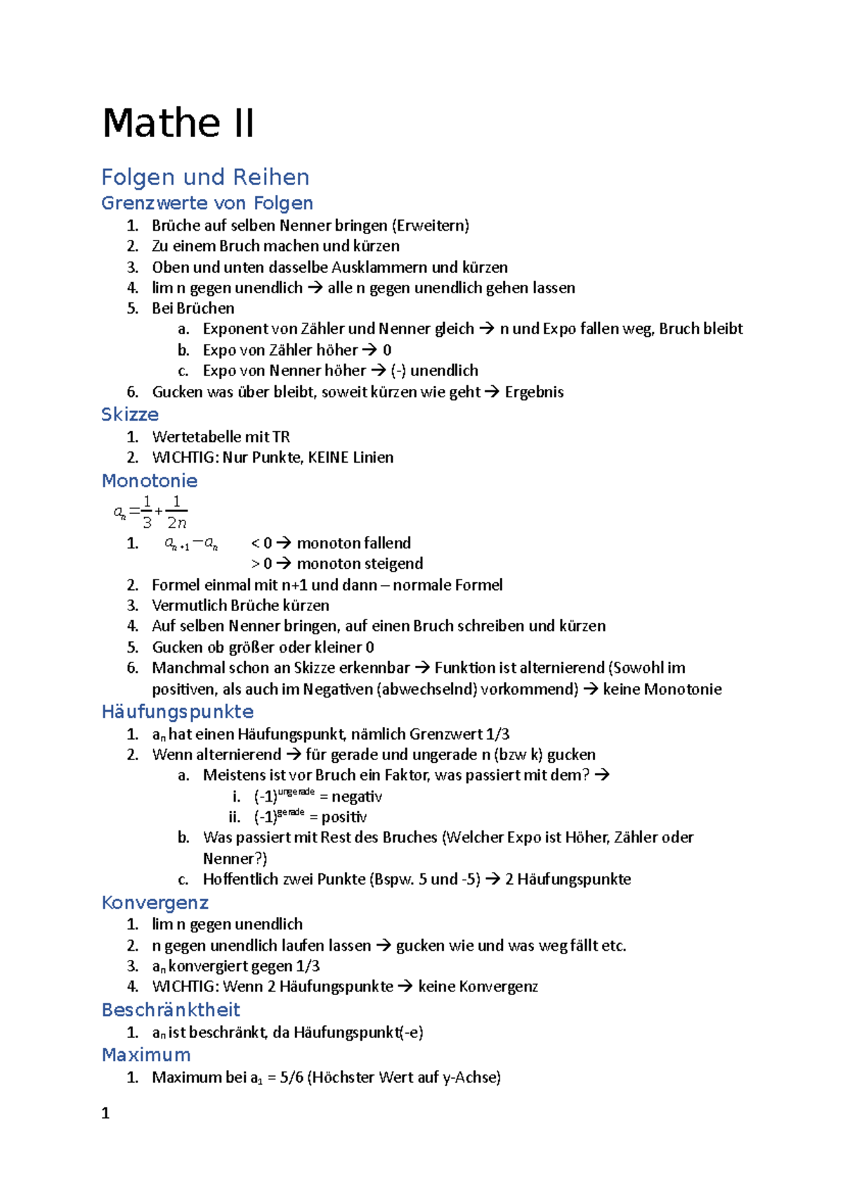 Mathe 2 Zusammenfassung - Mathe II Folgen und Reihen Grenzwerte von ...