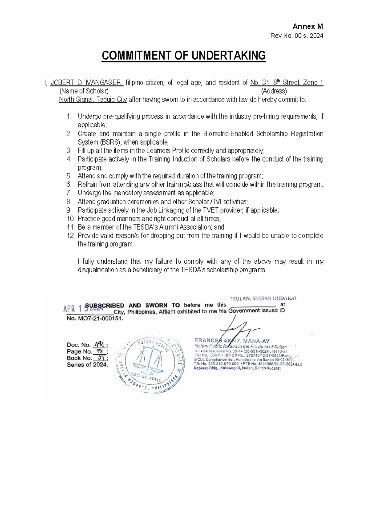 Annex M - Commitment of Undertaking - Annex M Rev No. 00 s. 2024 COMMITMENT OF UNDERTAKING I ...