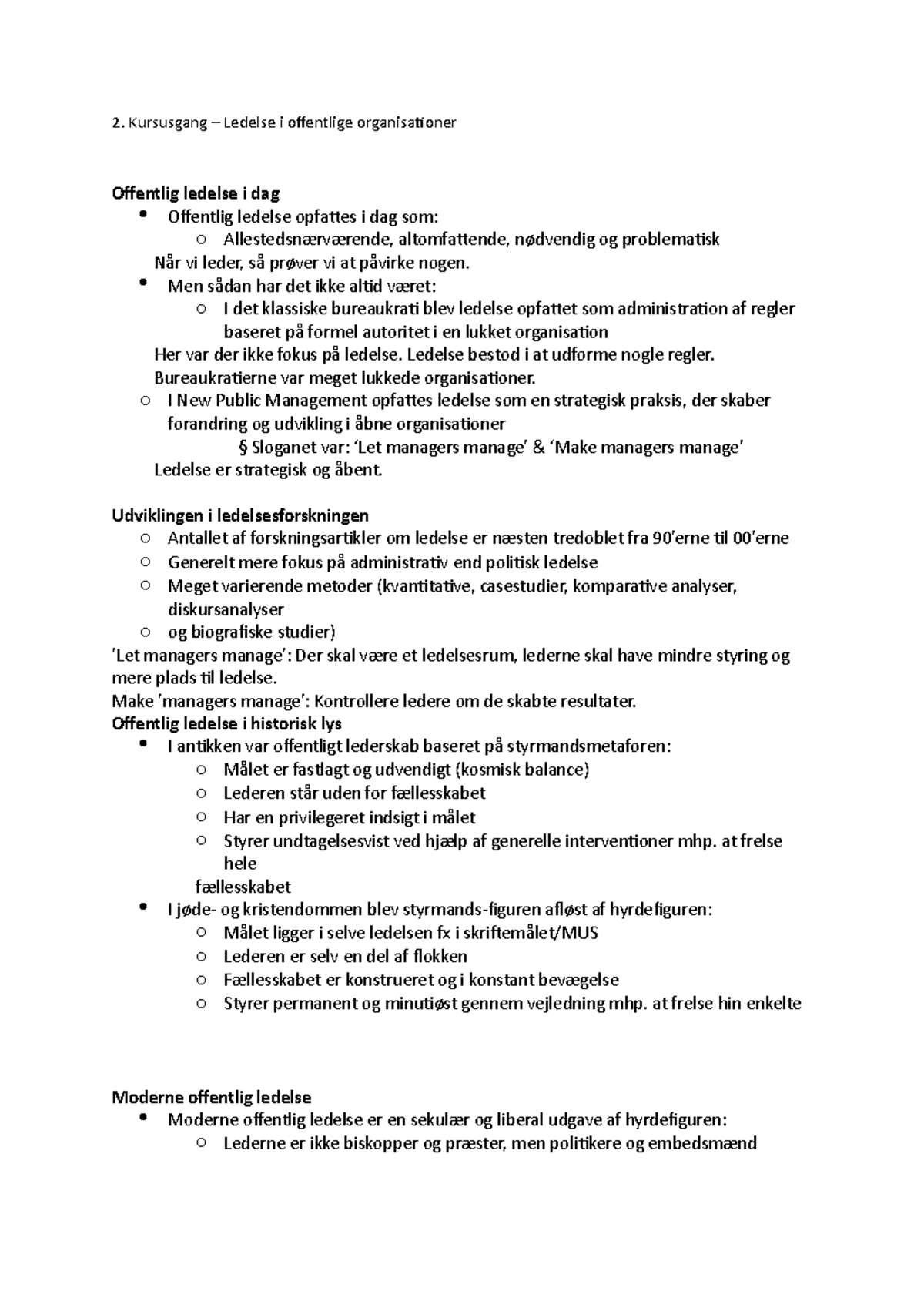 Noter Kursusgang 2 - Offentlige ledelse i organisationer - Kursusgang – Ledelse i offentlige ...