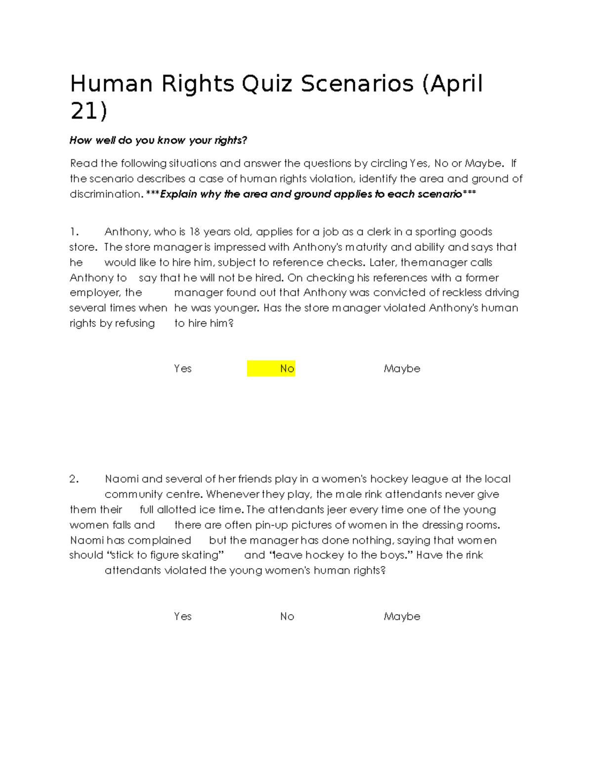 Human Rights Quiz Scenarios Questions ONLY FM - Human Rights Quiz ...