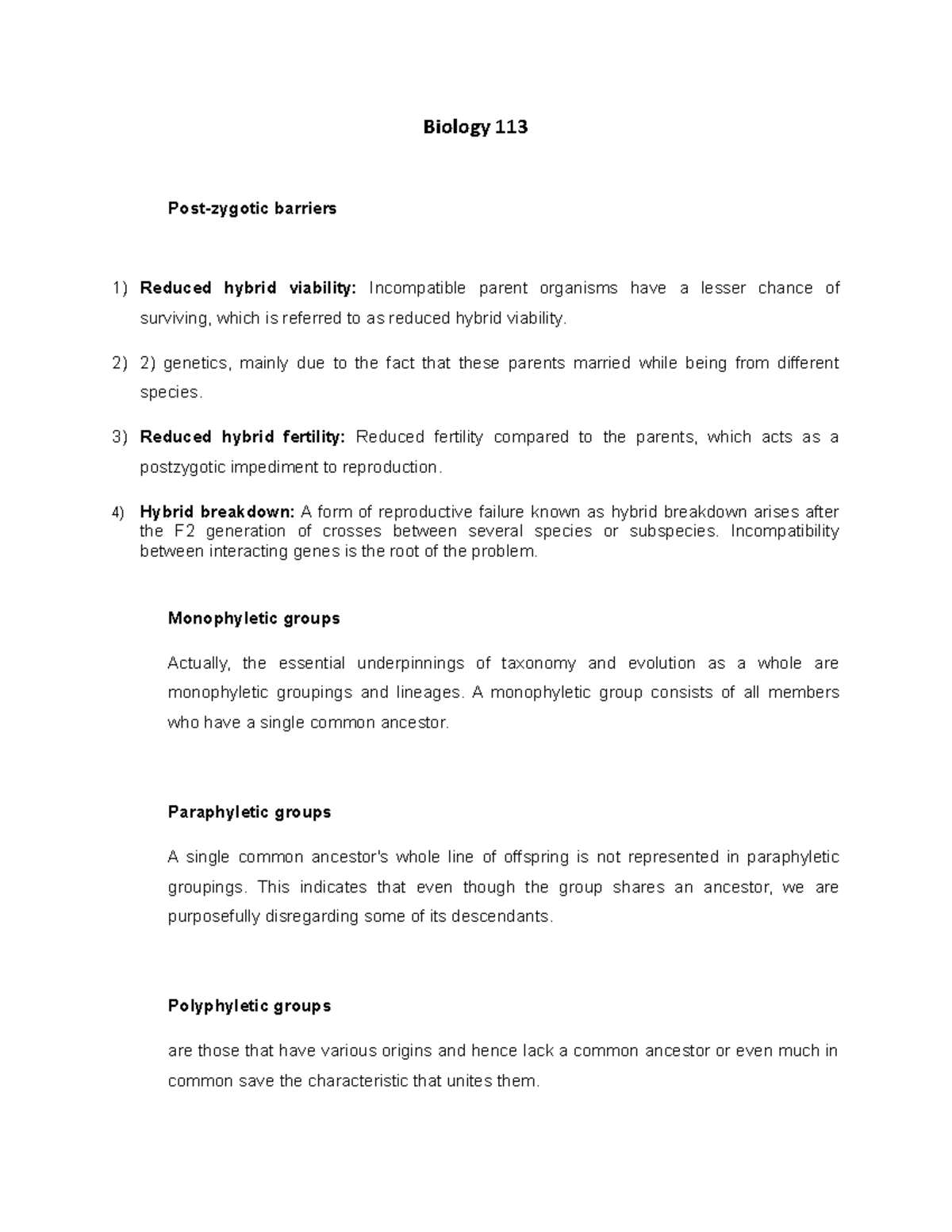 BIO 113 (2) (lecture notes) - Biology 113 Post-zygotic barriers Reduced ...