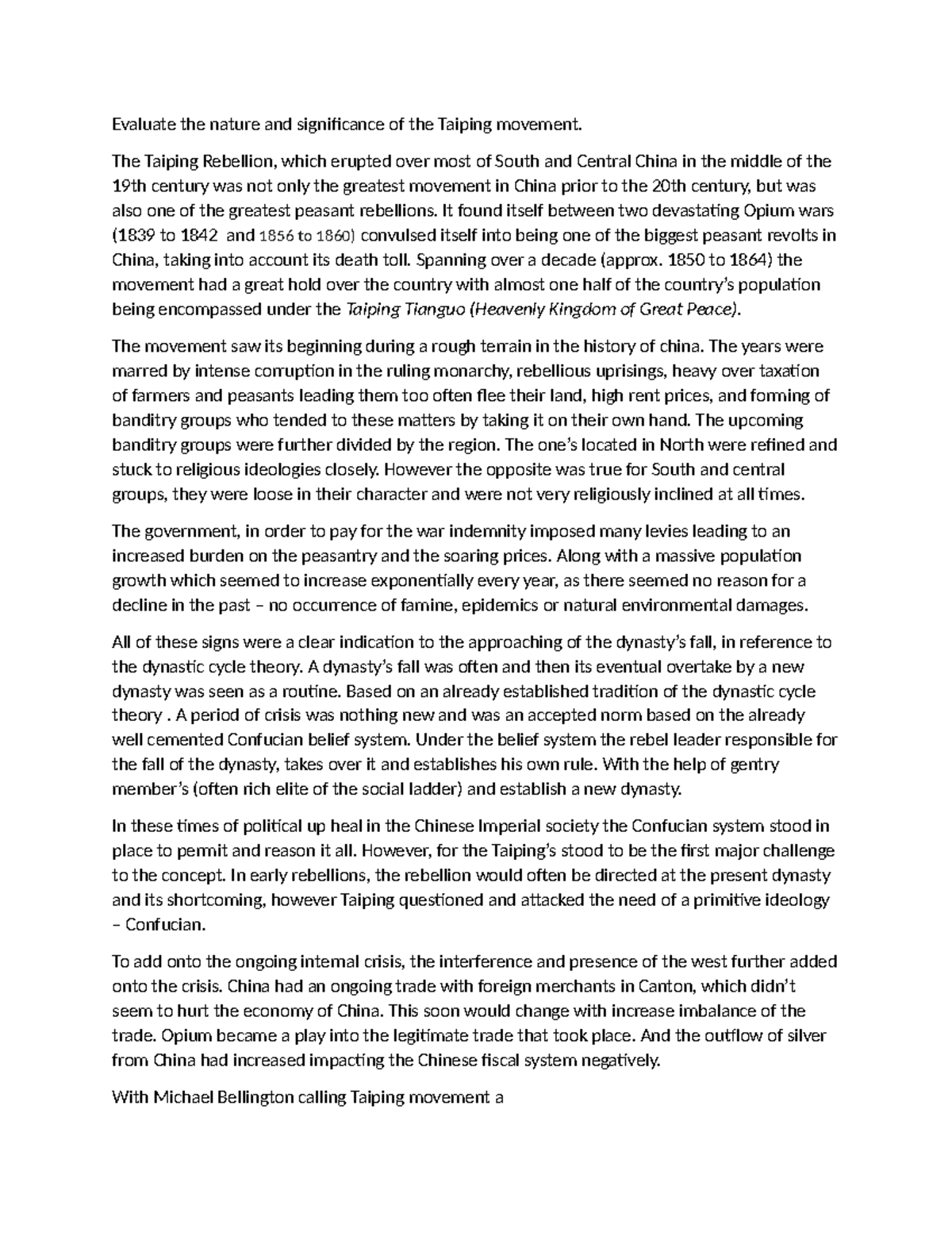 Taiping Movement - Summary Ba Honours History - Evaluate the nature and ...