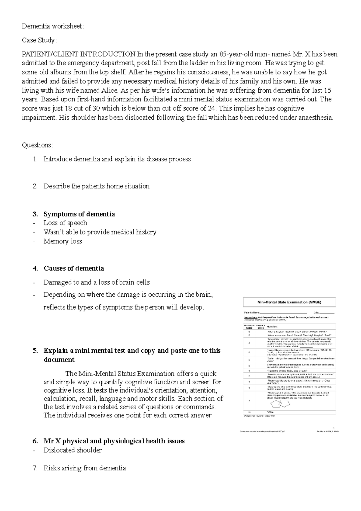 Dementia Worksheet - Dementia worksheet: Case Study: PATIENT/CLIENT ...