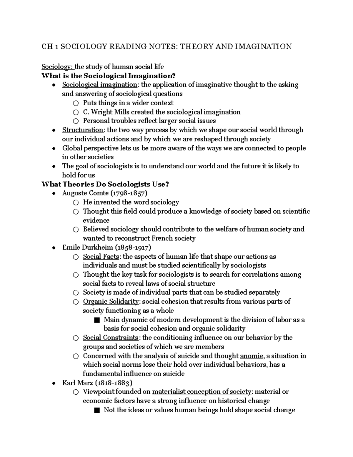 CH 1 Sociology Reading Notes - CH 1 SOCIOLOGY READING NOTES: THEORY AND ...