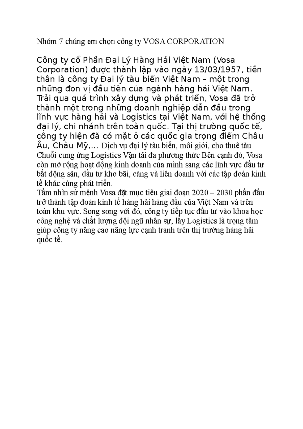 Bài-HG-mới - bài tập - Nhóm 7 chúng em chọn công ty VOSA CORPORATION ...