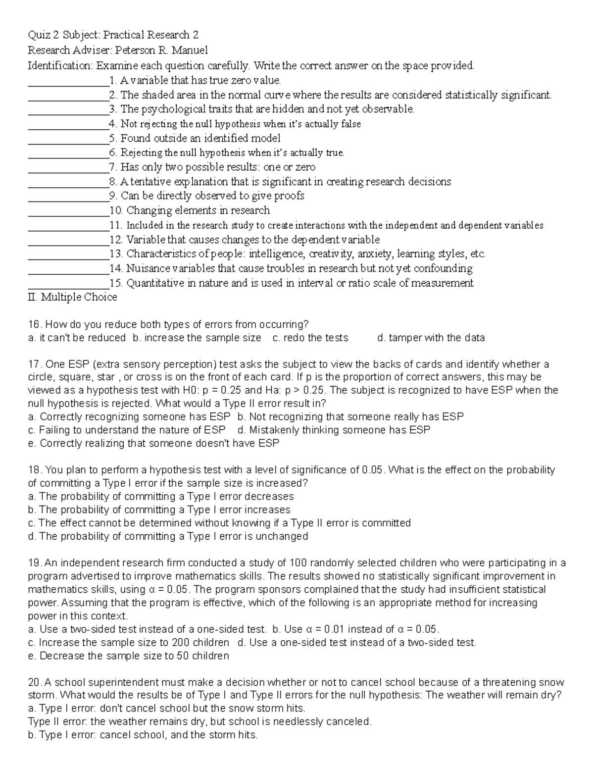 New quiz 2 pr2 - Informative - Quiz 2 Subject: Practical Research 2 ...