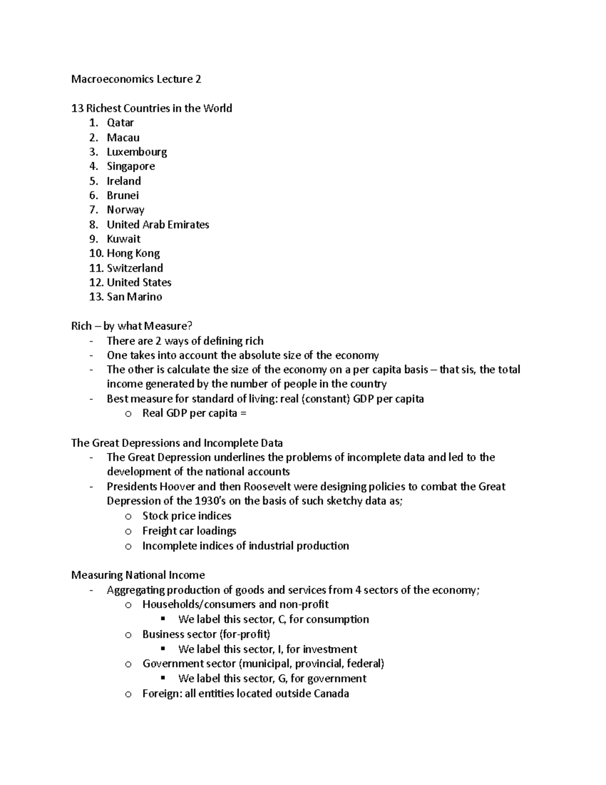 Macroeconomics Lecture 2 - Qatar 2. Macau 3. Luxembourg 4. Singapore 5. Ireland 6. Brunei 7 ...