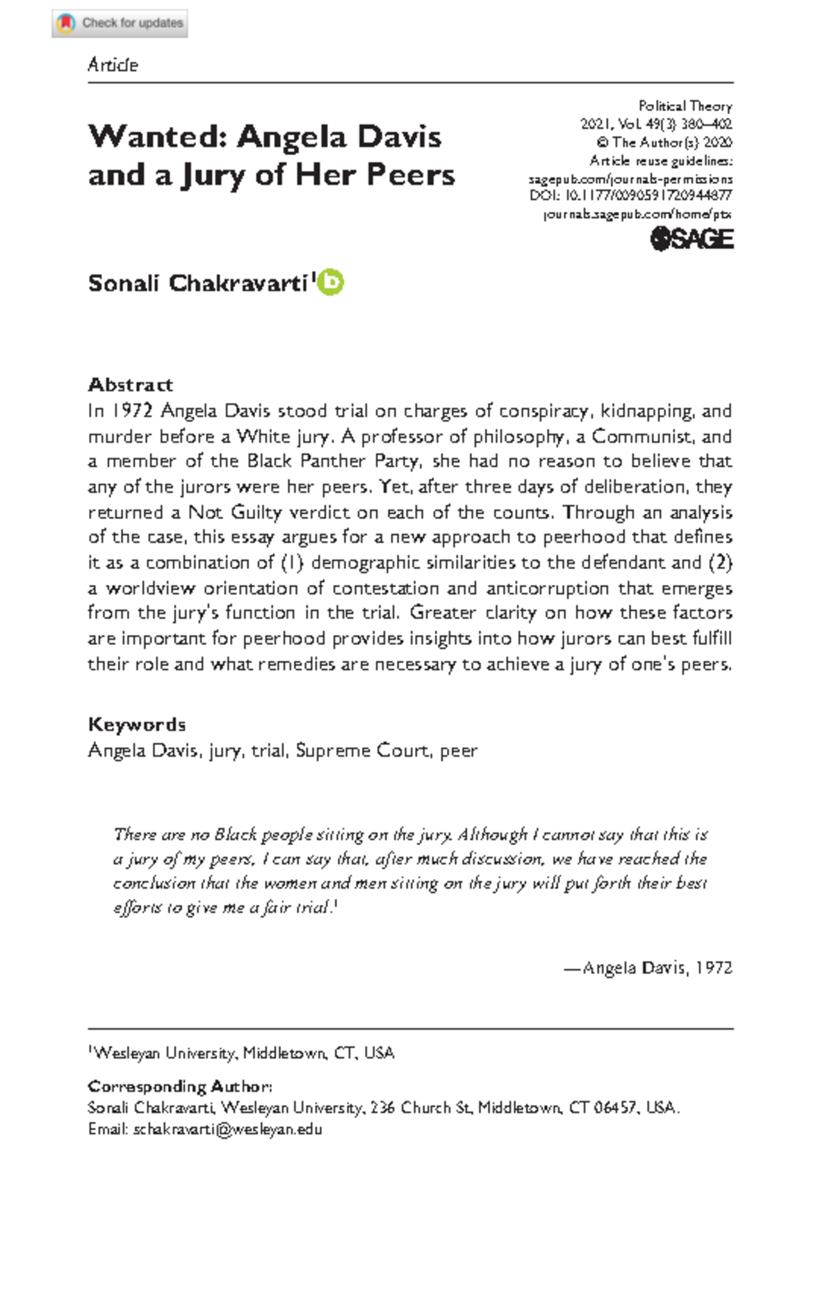 Wanted- Angela Davis And A Jury of her Peers - doi/10.1177/ Political ...