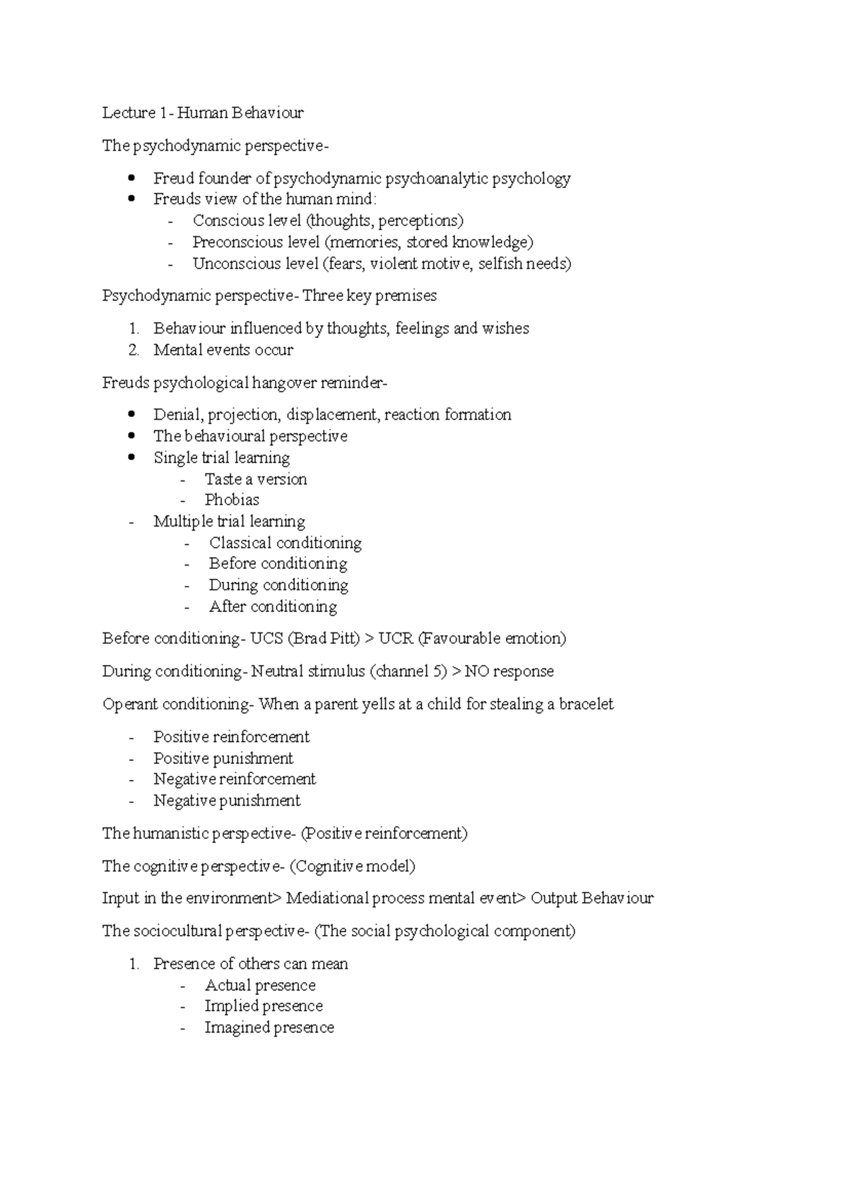 Psychology notes - Lecture Human Behaviour The psychodynamic Freud ...
