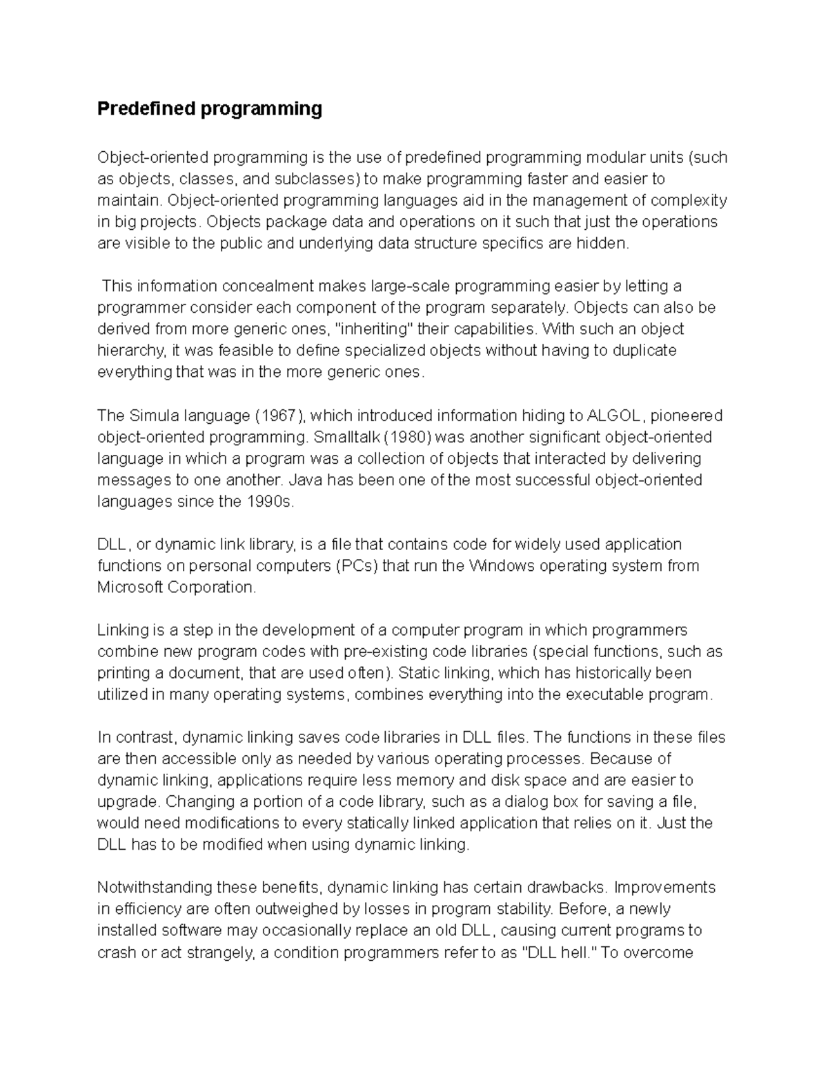 Predefined Programming Object Oriented Programming Languages Aid In The Management Of